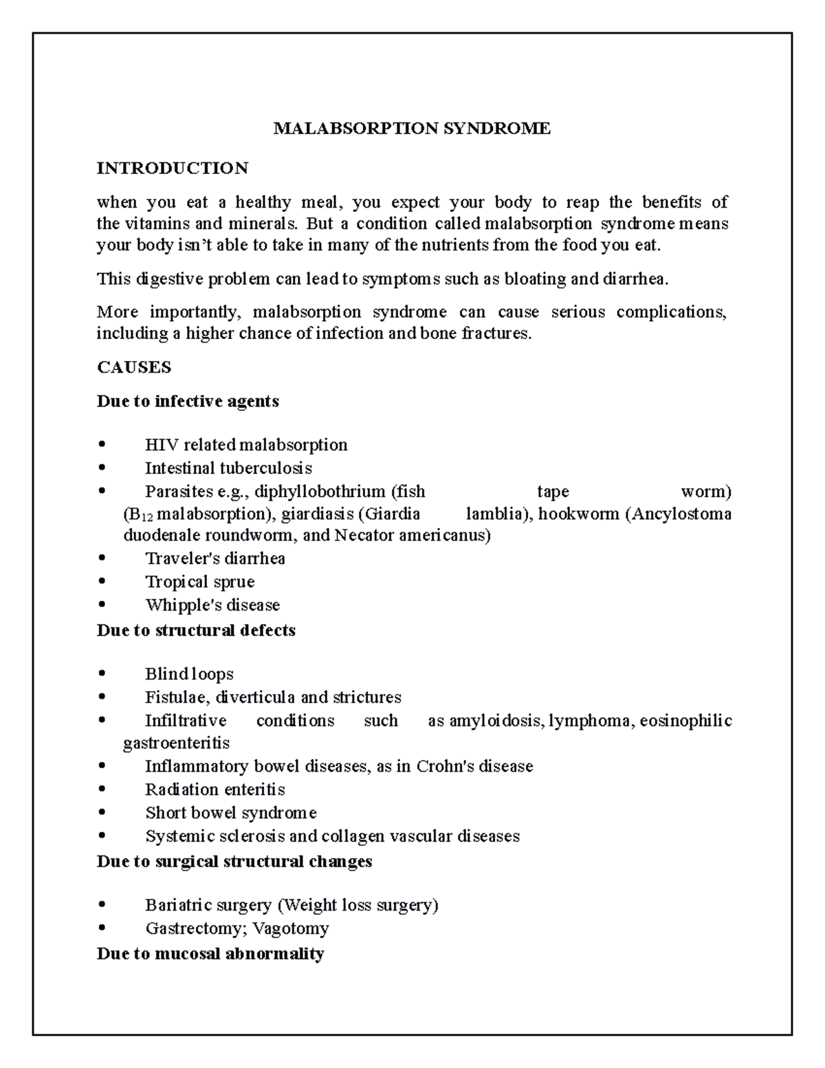 Malabsoption syndrome - MALABSORPTION SYNDROME INTRODUCTION when you ...