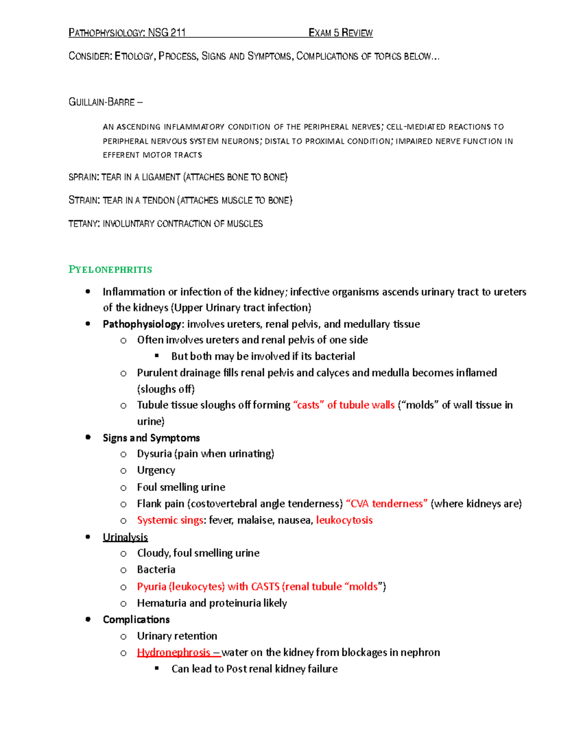 Exam 5 Final - Lecture notes 11-12 - P ATHOPHYSIOLOGY: NSG 211 E XAM 5 ...