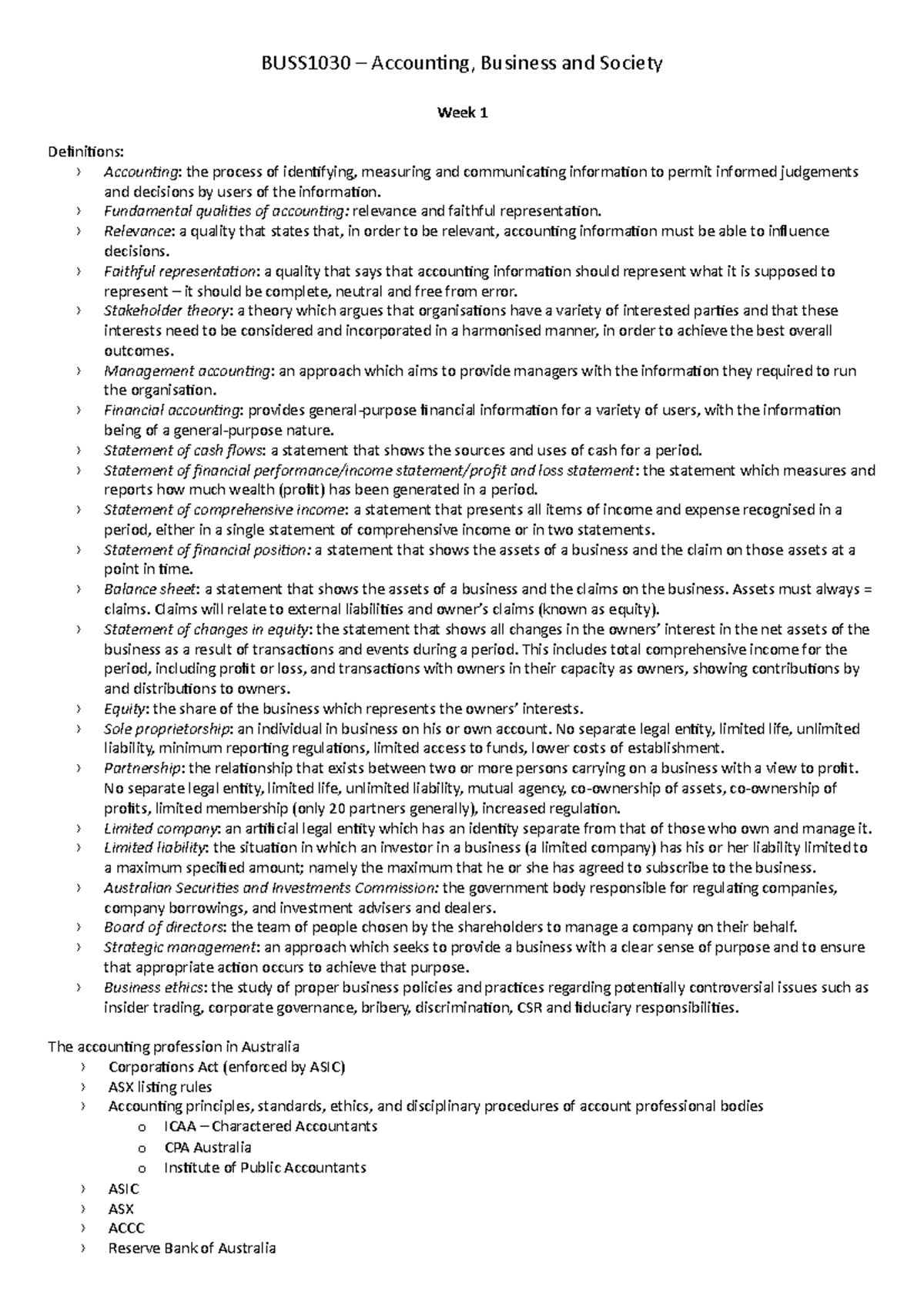 BUSS1030 notes - BUSS1030 – Accounting, Business and Society Week 1 ...