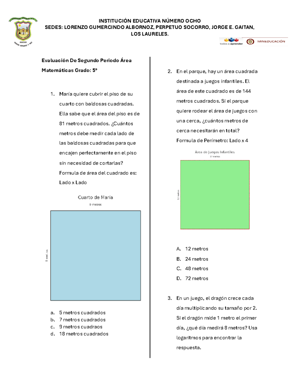 Evaluación De Segundo Periodo Área Matemáticas Grado 5 - INSTITUCIÓN ...