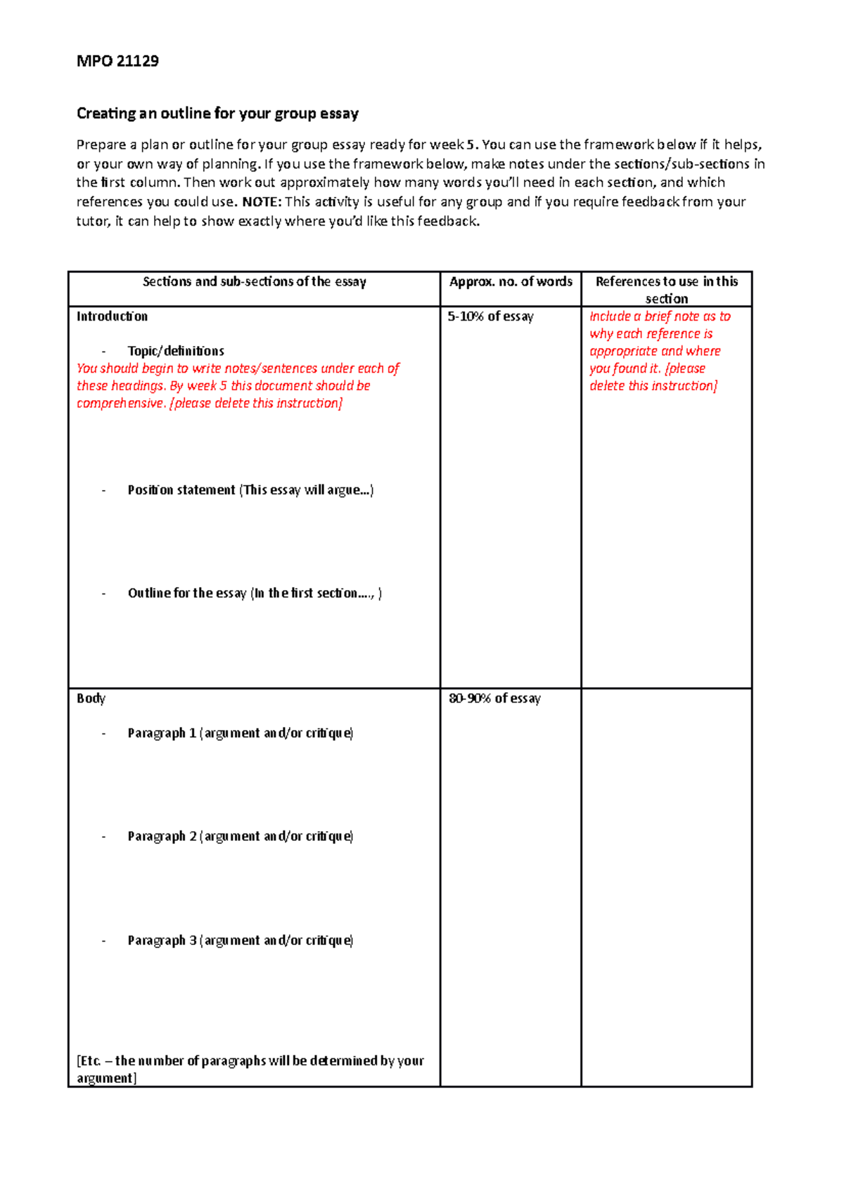 Group essay outline - MPO 21129 Creating an outline for your group ...