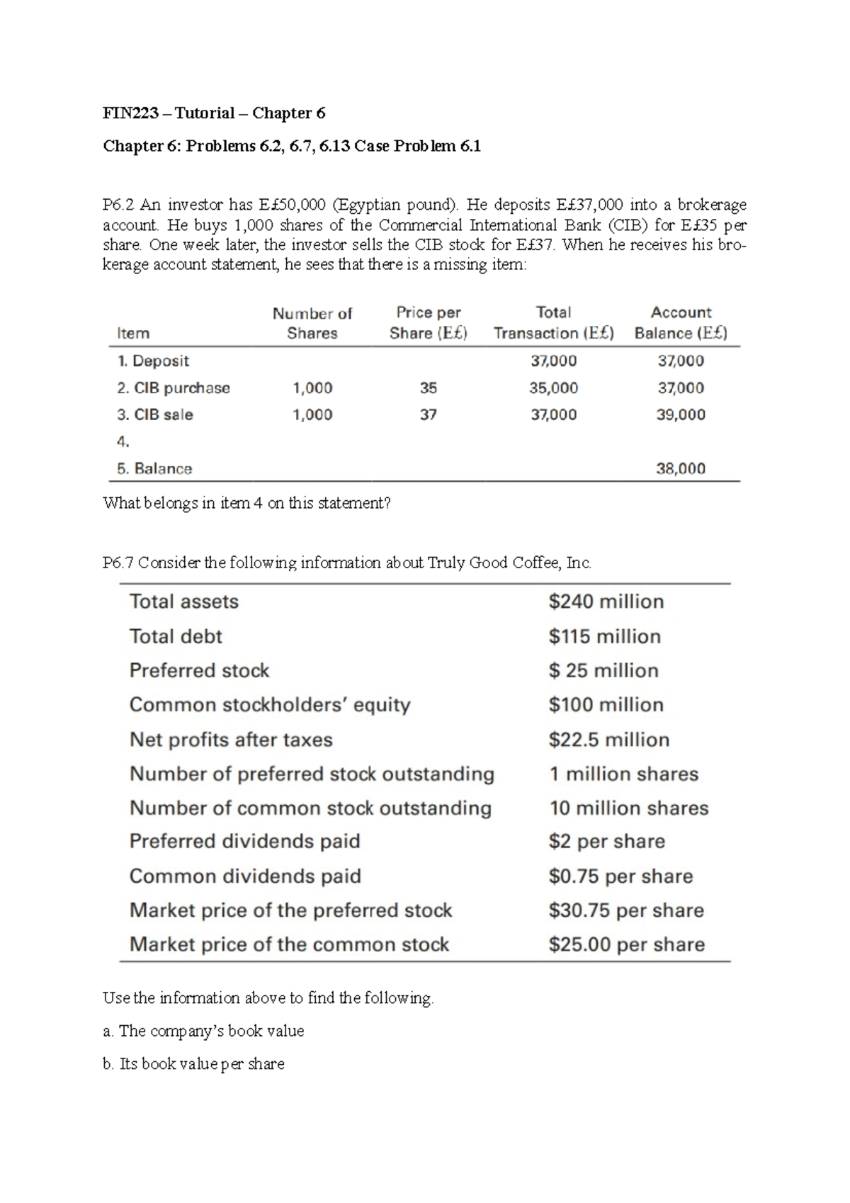 FIN223 - Chapter 6 Questions - FIN223 – Tutorial – Chapter 6 Chapter 6 ...
