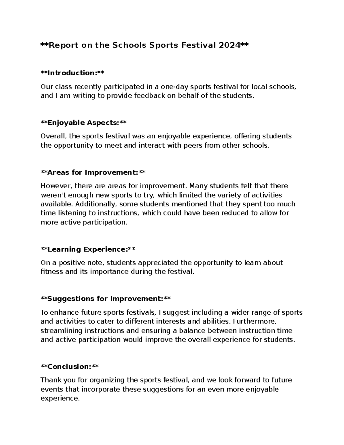 Report on the Schools Sports Festival 2024 - Enjoyable Aspects: Overall ...