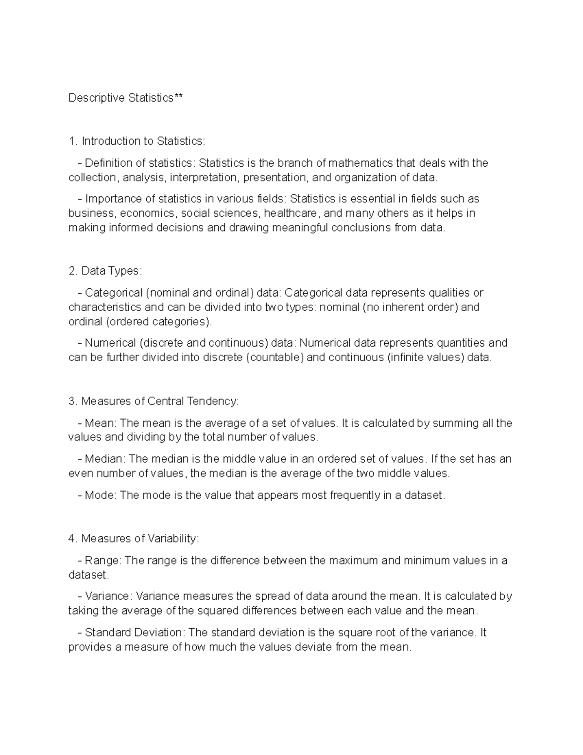 Descriptive Statistics, Definitions and Answers - Descriptive Statistics** Introduction to - Studocu