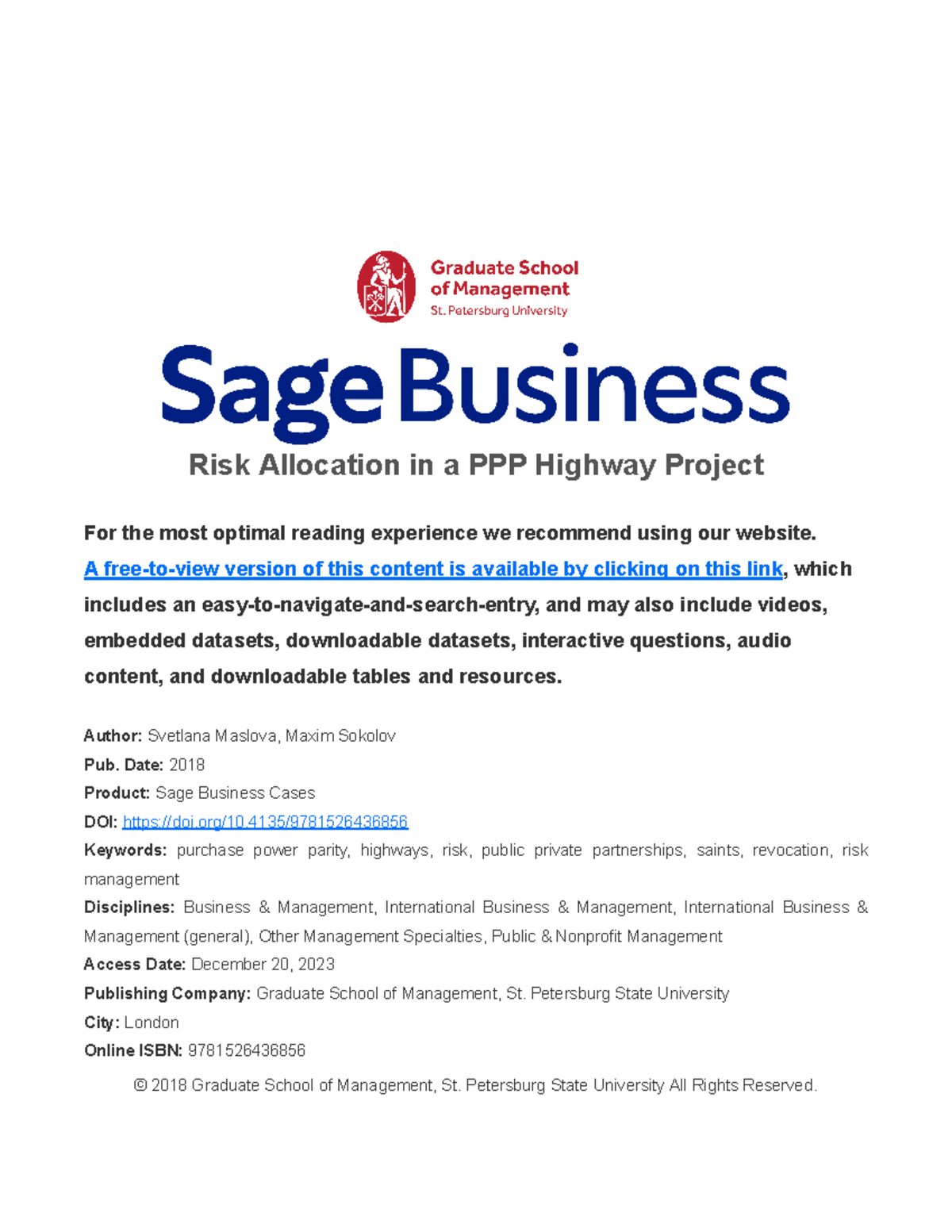 Case study 5 Risk Allocation in a PPP Highway Project - Risk Allocation ...