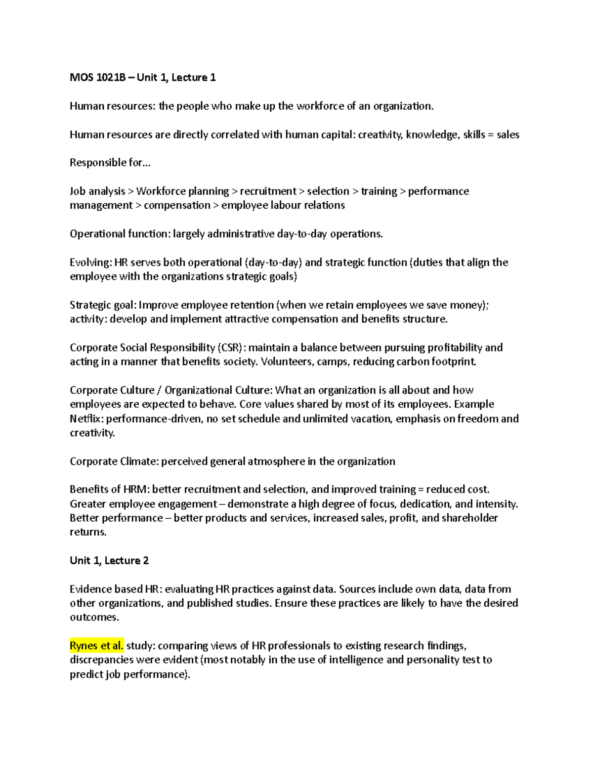 Unit 1, Lecture 1-3 - Unit 1 - MOS 1021B – Unit 1, Lecture 1 Human resources: the people who ...