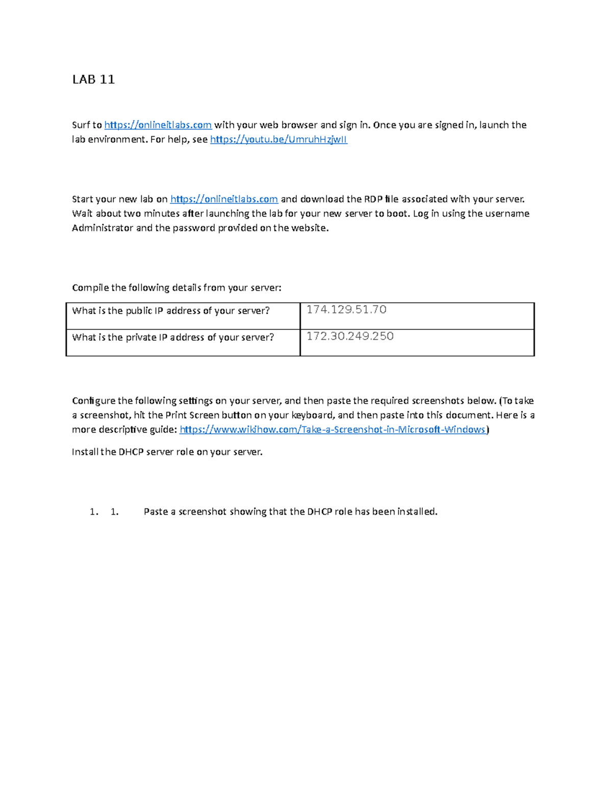 Document 4 - lab 11 DHCP role - LAB 11 Surf to onlineitlabs with your ...