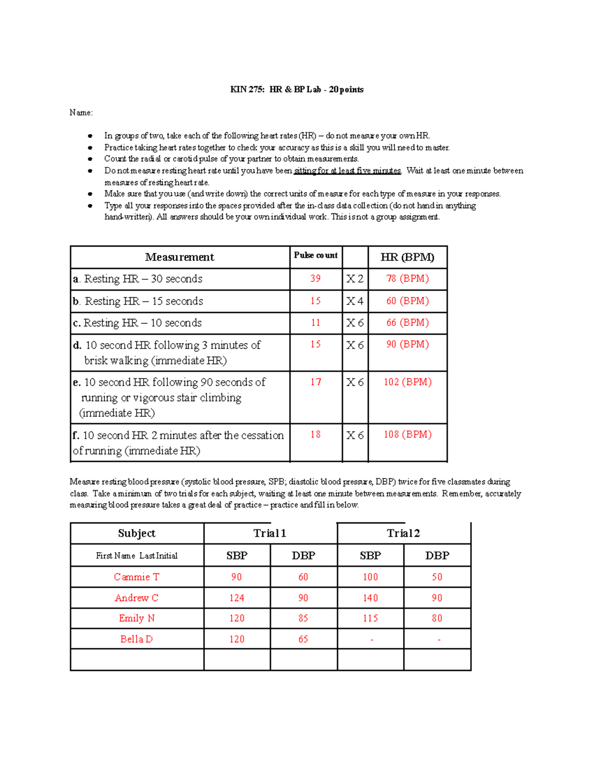 KIN Heart Rate and Blood Pressure Lab - KIN 275: HR & BP Lab - 20 ...