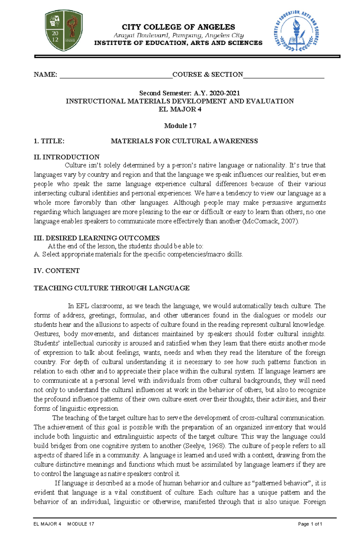 EL 4 Module 17 - aafasf sdf - NAME: _________COURSE & SECTION Second ...