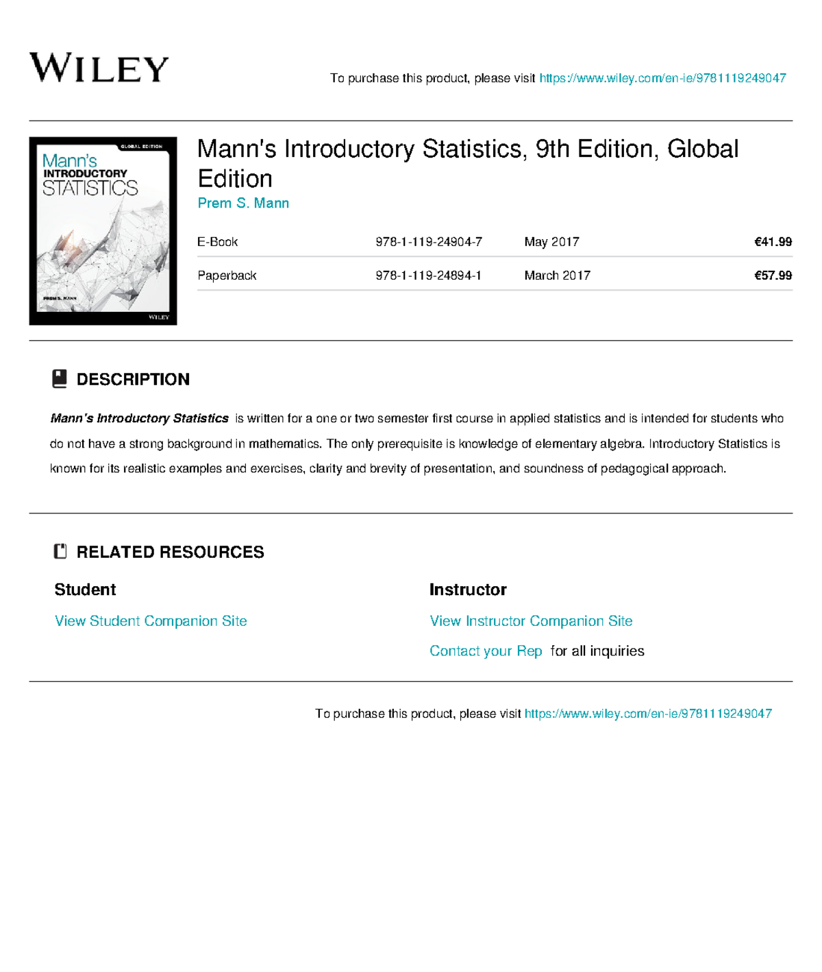 Wiley Mann's Introductory Statistics, 9th Edition, Global Edition 978-1 ...