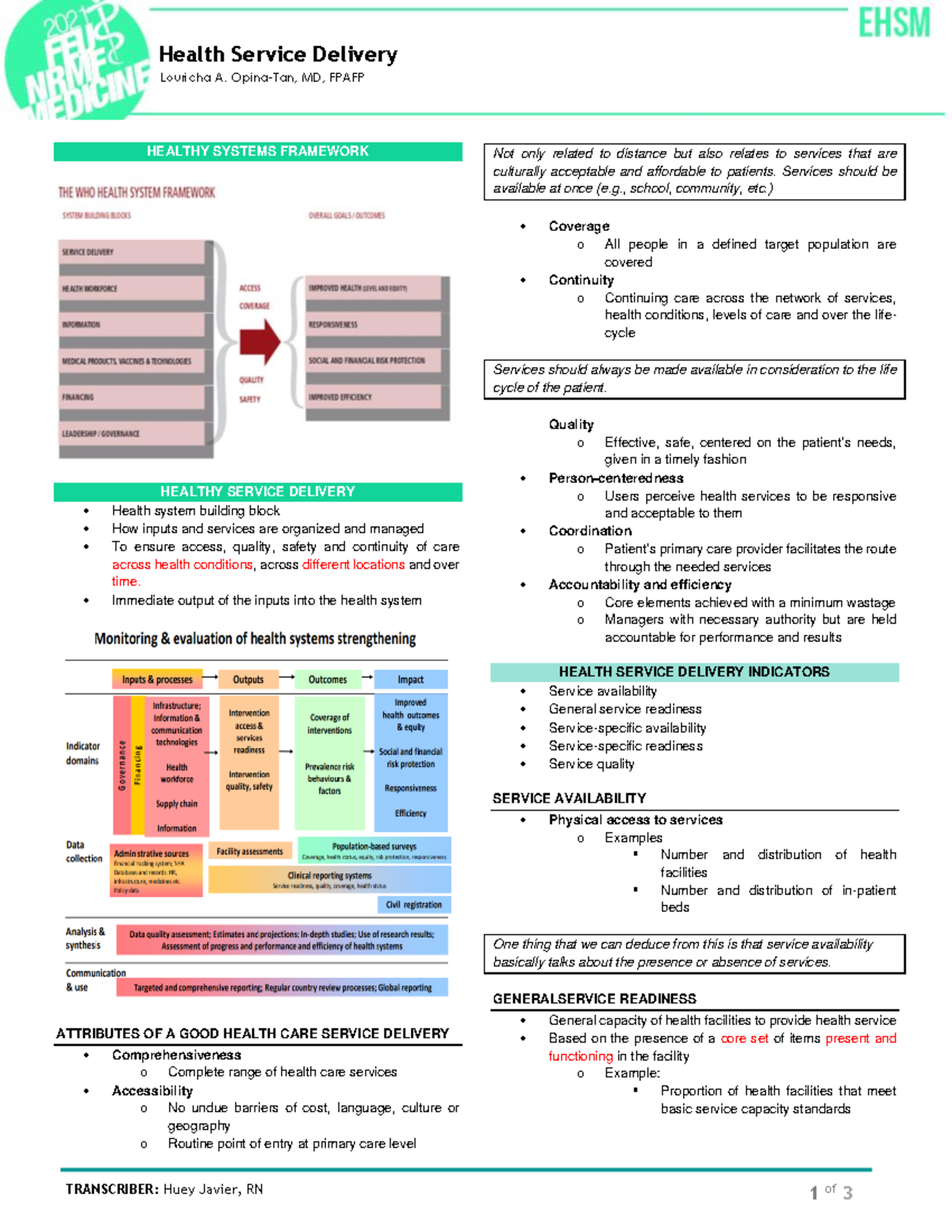 [EHSM] Health Service Delivery - TRANSCRIBER: Huey Javier, RN 1 of 3 ...