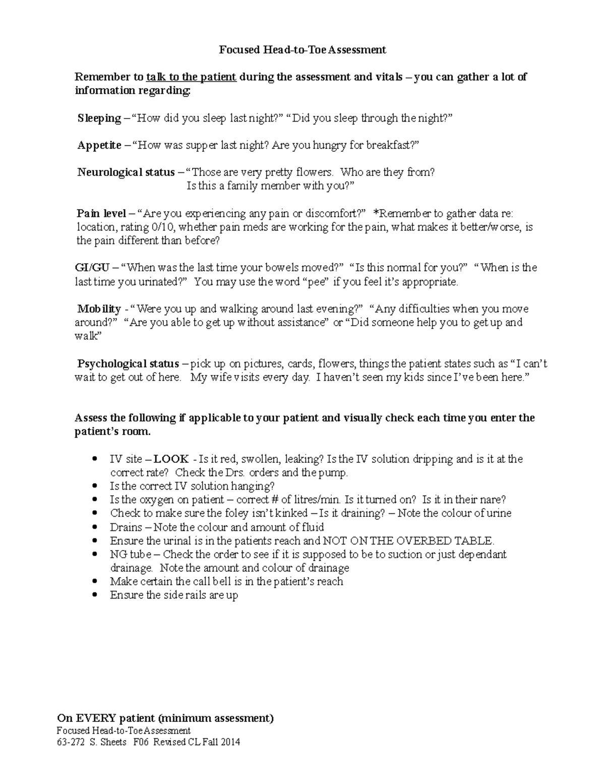 Summary, Focus head-to-toe assessment - Focused Assessment Remember to ...