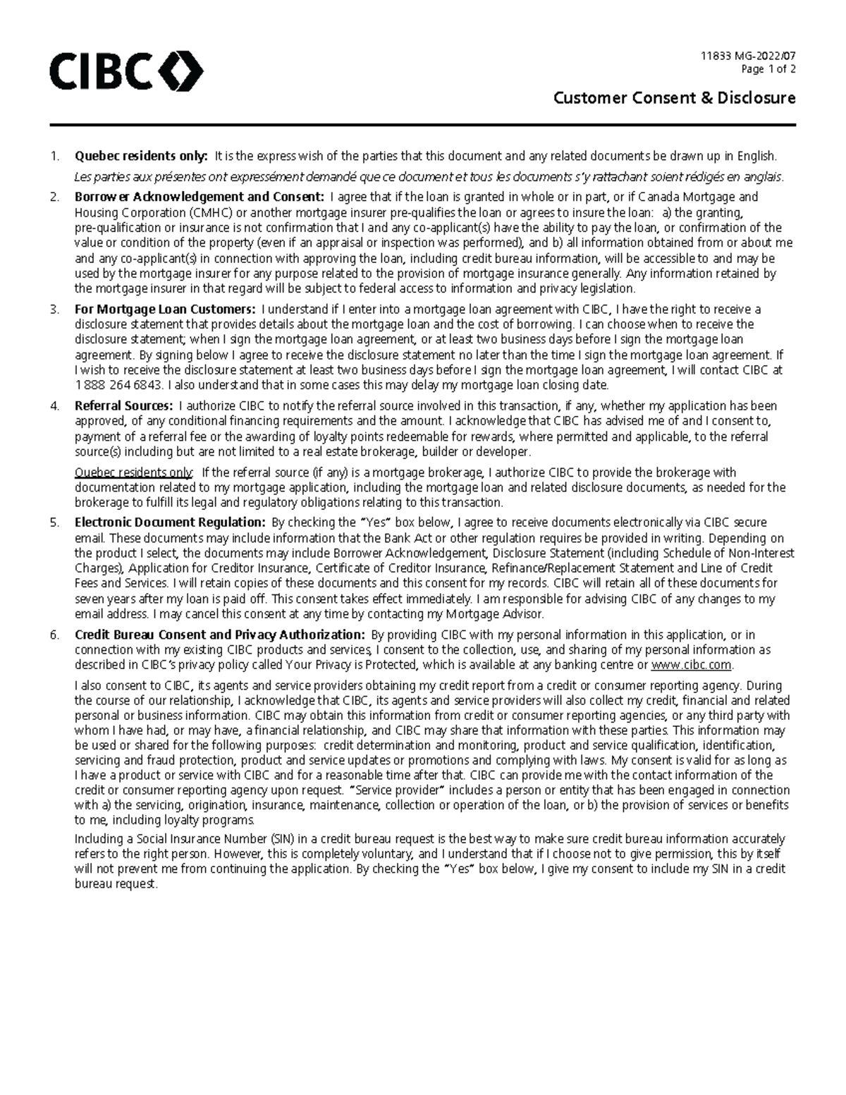 Consent Form - 11833 MG-2022/ Page 1 of 2 Customer Consent & Disclosure ...