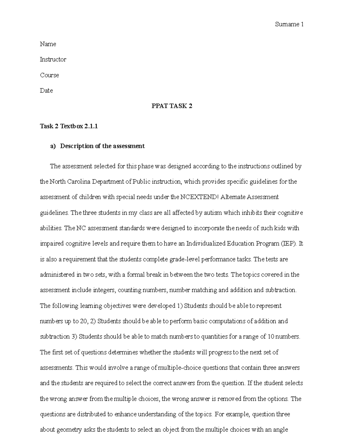 PPAT Task 22 - PPAT Task 22 - Name Instructor Course Date PPAT TASK 2 ...