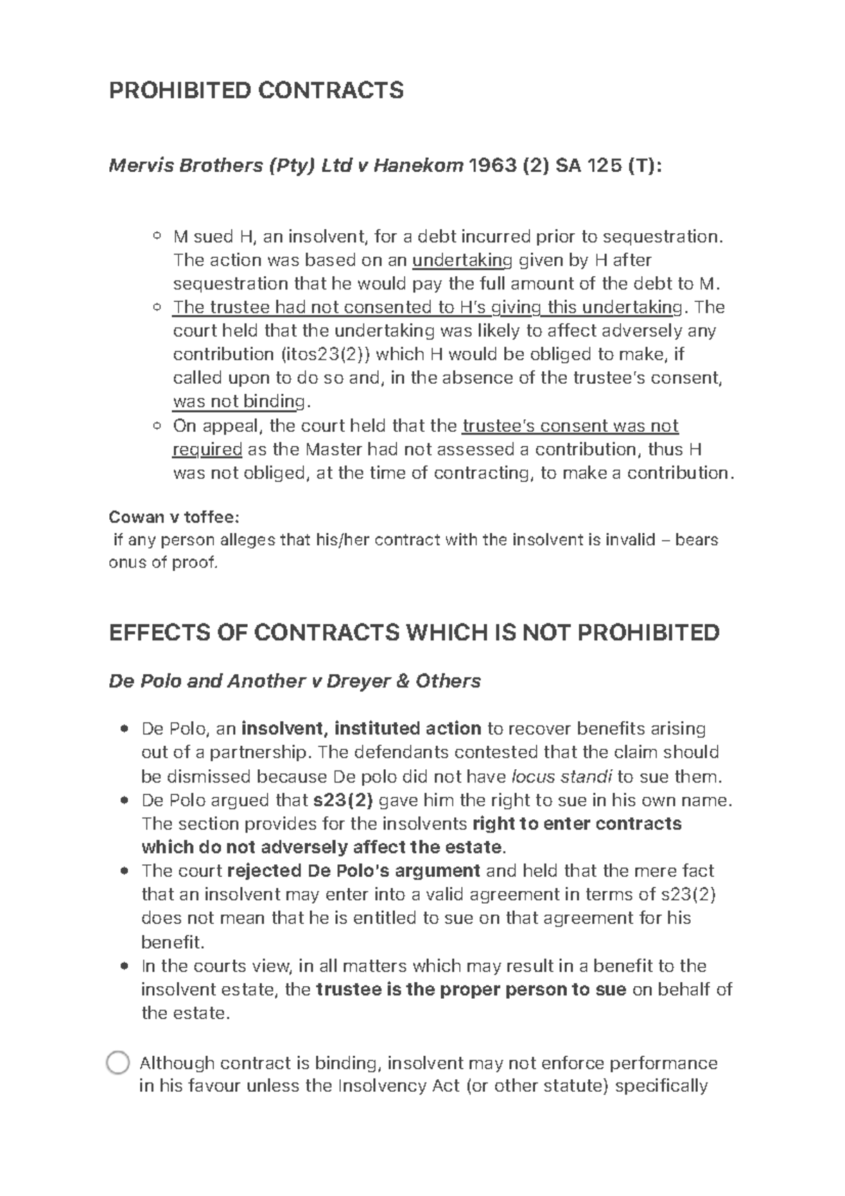 SU5 Cases - PROHIBITED CONTRACTS Mervis Brothers (Pty) Ltd v Hanekom ...