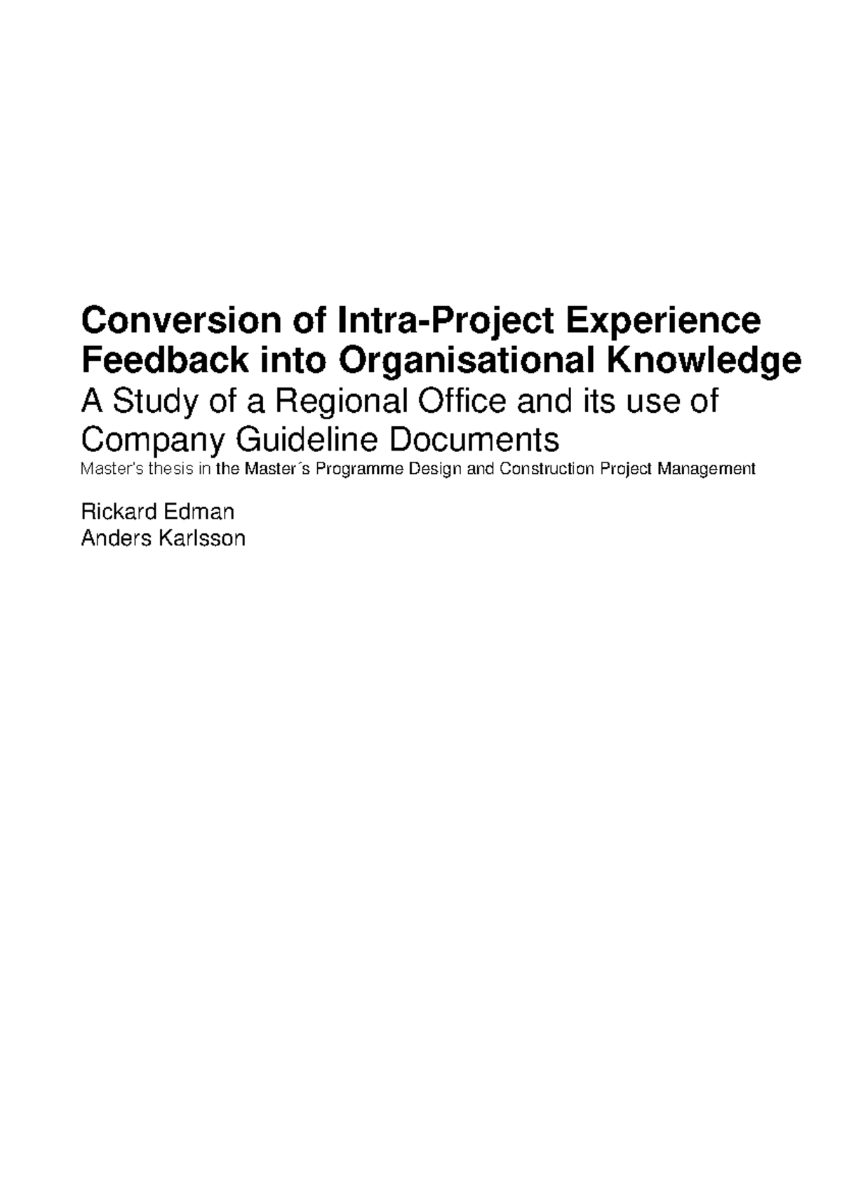 Kandidatprojekt i Design og construction - Conversion of Intra-Project ...
