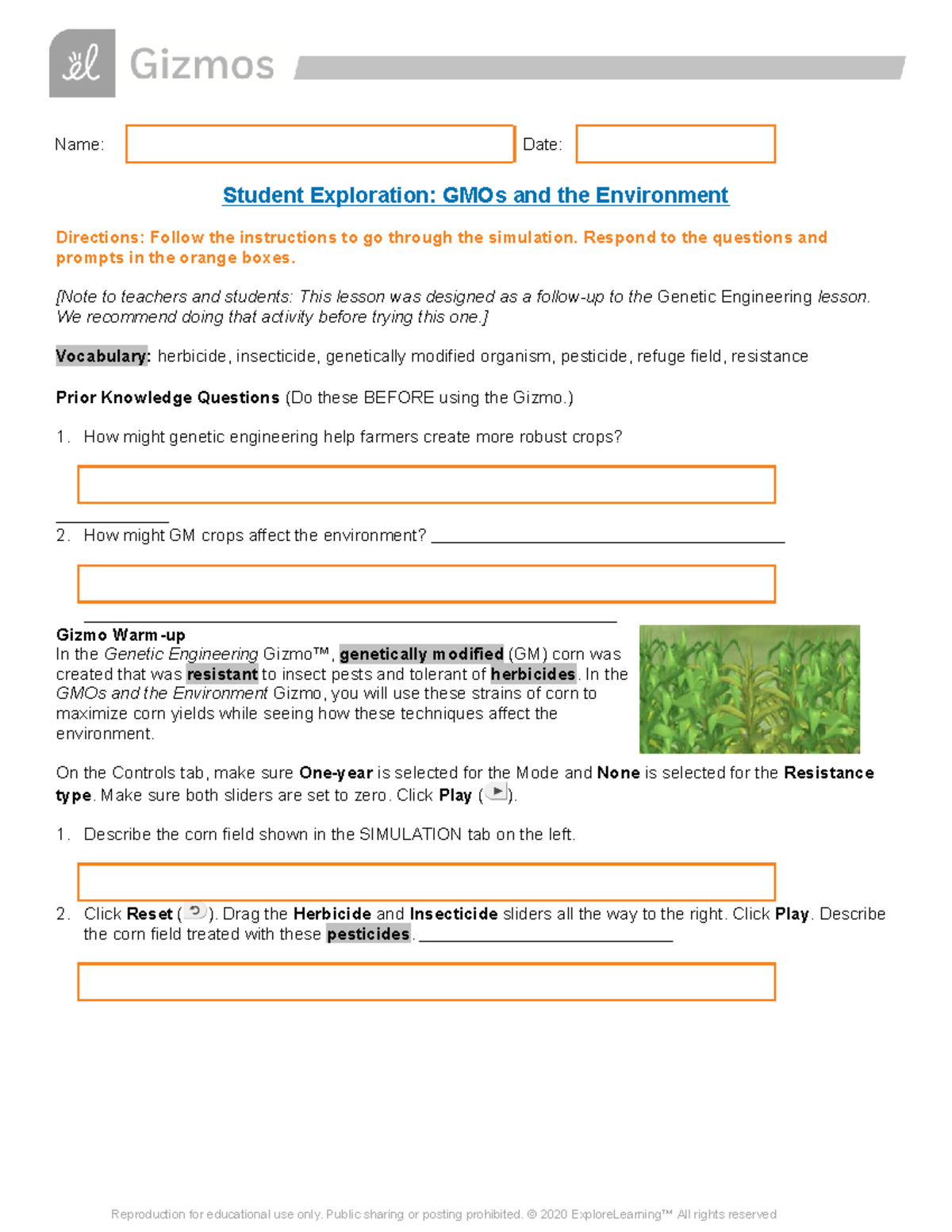 Copy of GMOs and the Environment - Name: Date: Student Exploration ...