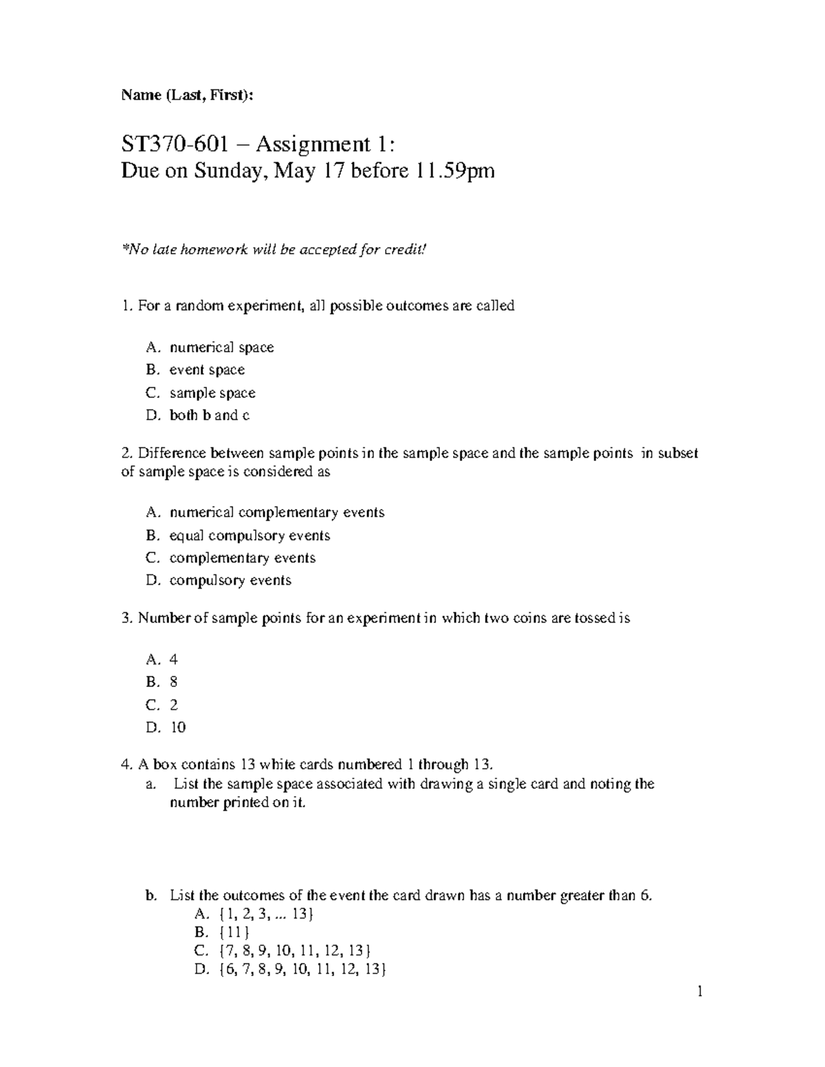370 Hw 1 Hw Practice For Stats Name Last First St370 601 Assignment 1 Due On Sunday