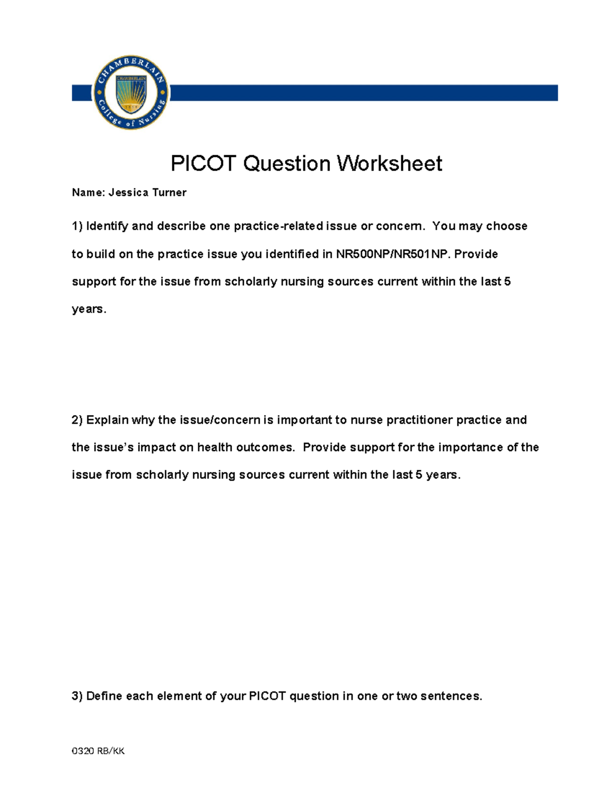 NR505NP Picot Question Worksheet 051220 - PICOT Question Worksheet Name ...