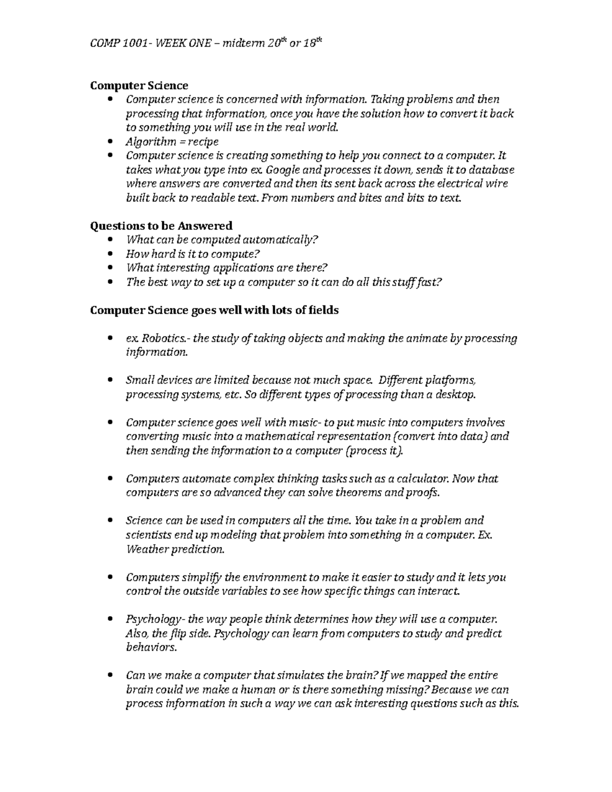 Computer Science Notes Week 1 - COMP 1001- WEEK ONE – midterm 20th or ...