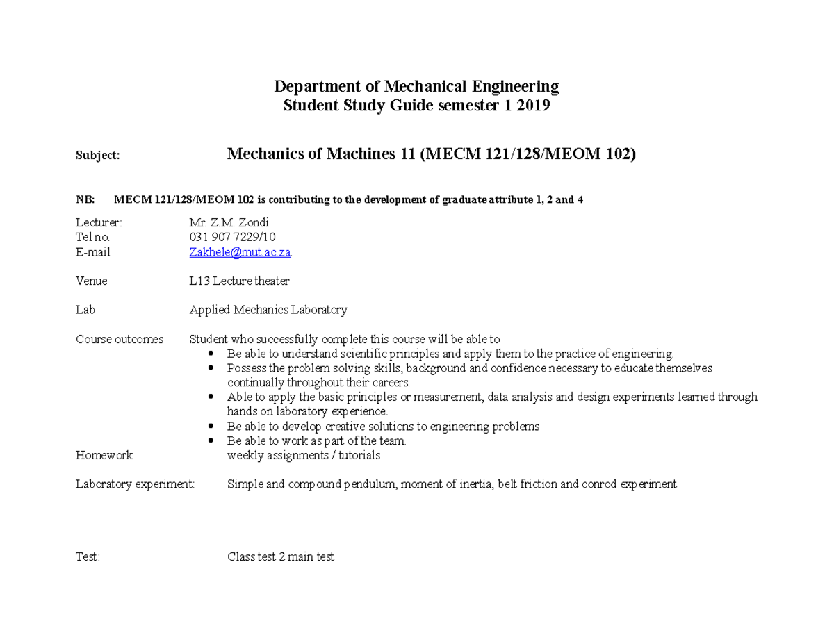 Mechanics OF Machines II Study Guide 2020 BY ECSA - Department of ...