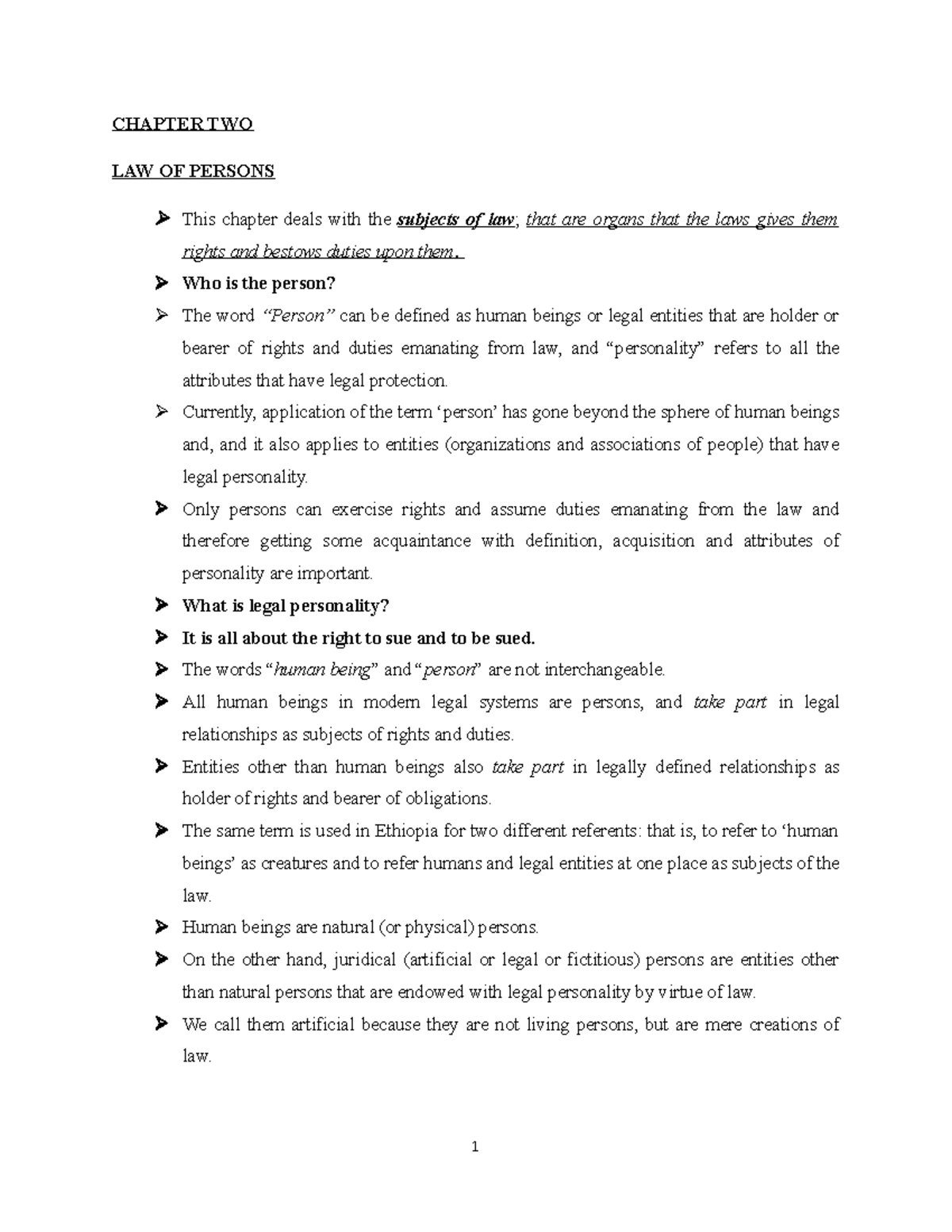 CH2 - Very clear - CHAPTER TWO LAW OF PERSONS This chapter deals with ...
