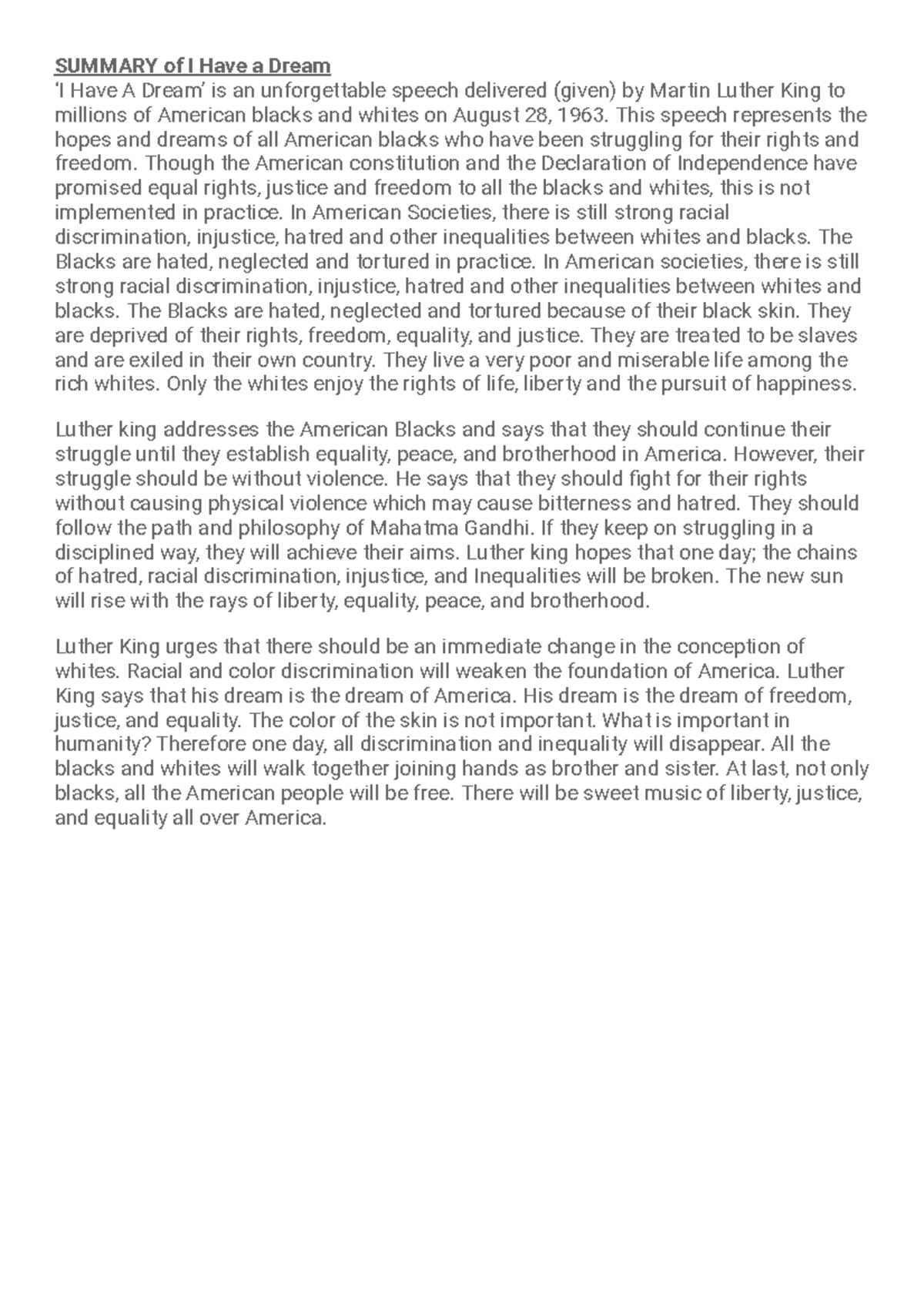English lesson notes - SUMMARY of I Have a Dream 8I Have A Dream9 is an ...