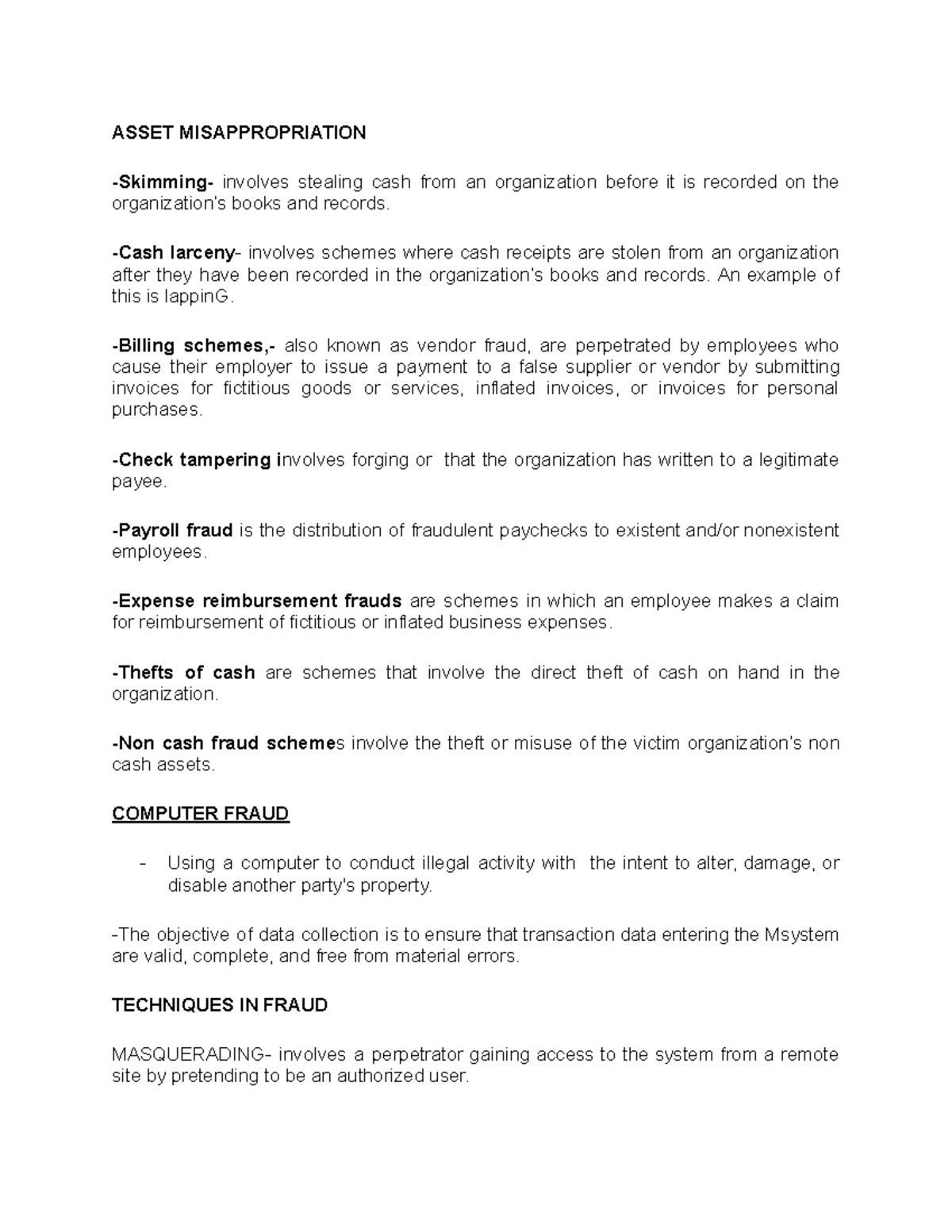 Asset Misappropriation- notes - ASSET MISAPPROPRIATION -Skimming ...