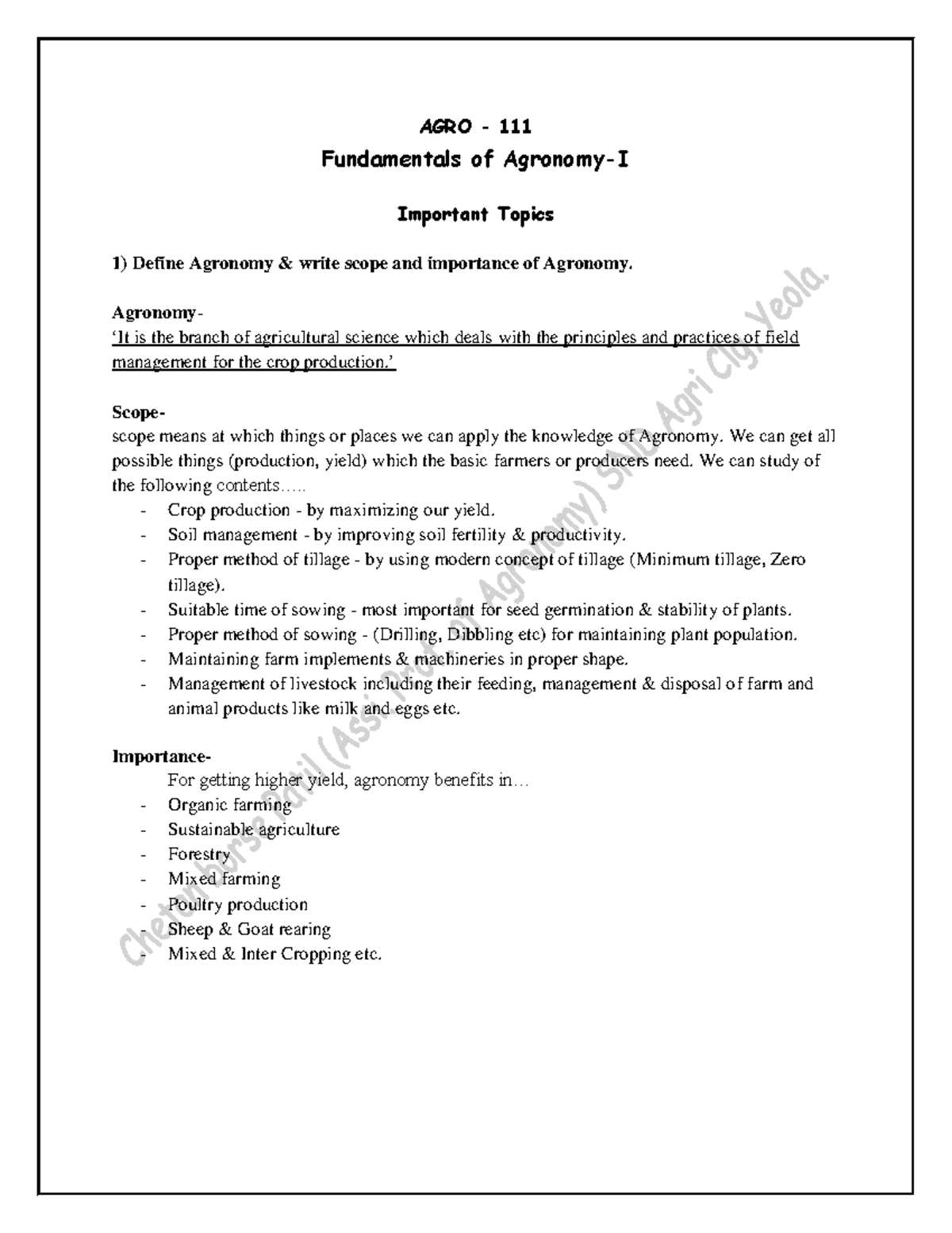 AGRO 111 Printed Short NOTE - AGRO - 111 Fundamentals of Agronomy-I ...