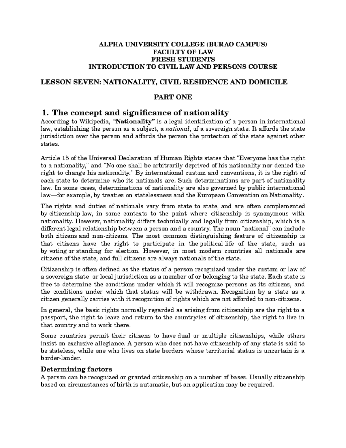 Lesseon 7-1 - Introductionto civil law and persons. Compiled coyrse ...