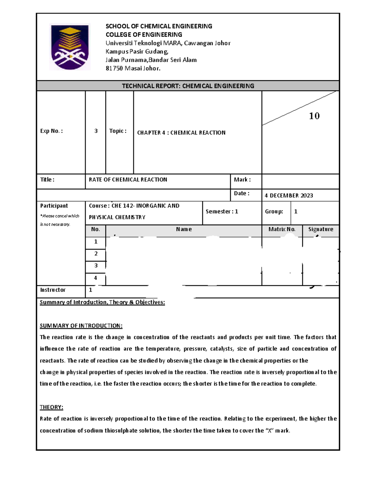 LAB Report CHE 142 RATE OF Chemical Reaction - SCHOOL OF CHEMICAL ...