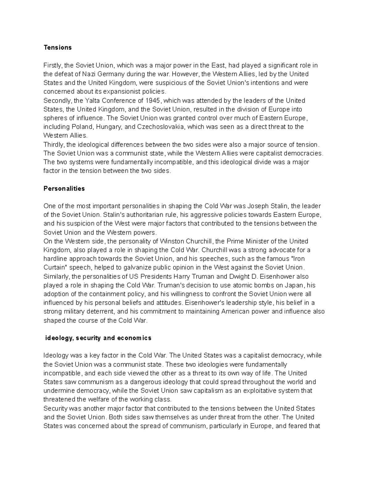 Cold War - Notes on the Cold War for Aice us history - Tensions Firstly ...