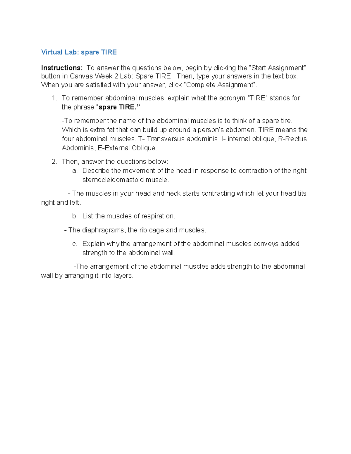 AHP106 MEDICAL ANATOMY AND PHYSIOLOGY - Virtual Lab: spare TIRE ...