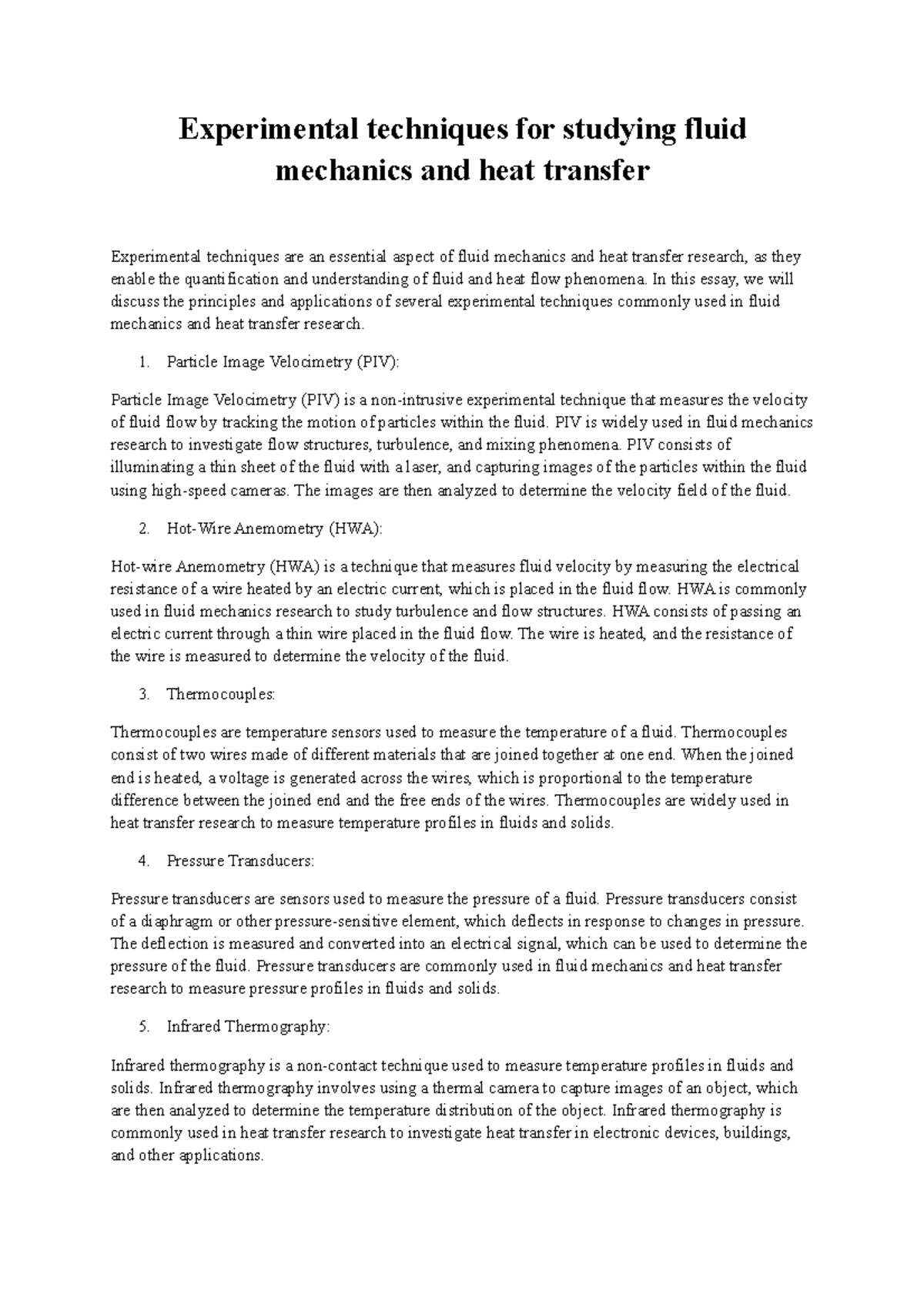 Experimental techniques for studying fluid mechanics and heat transfer ...