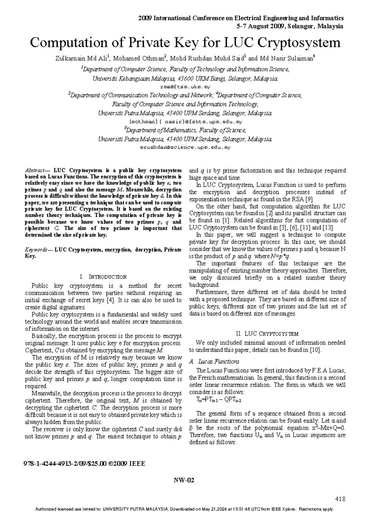 Computation of private key for LUC Cryptosystem - 418 2009 International Conference on ...