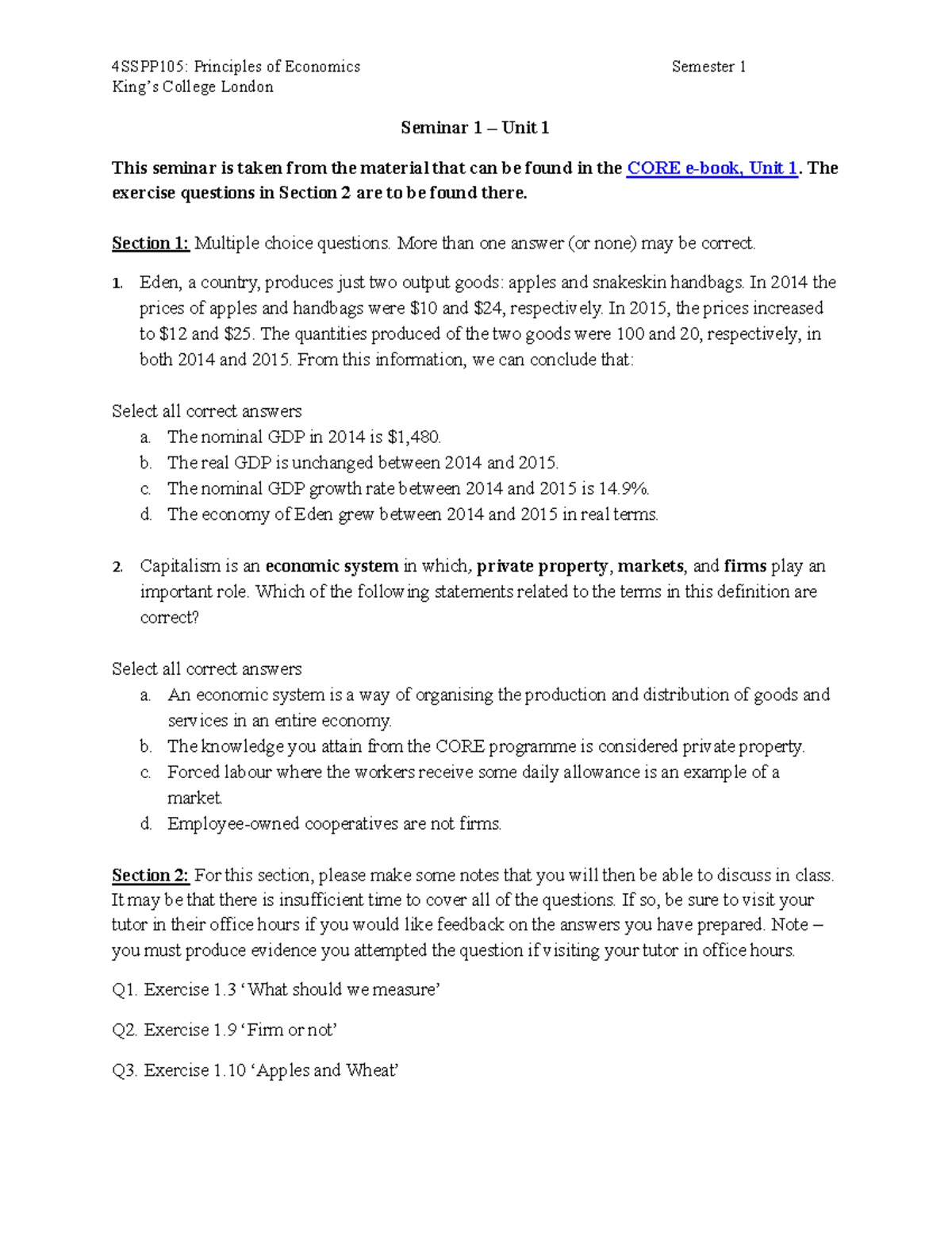 Seminar 1 - unit 1 - seminar questions - 4SSPP109 - KCL - Studocu