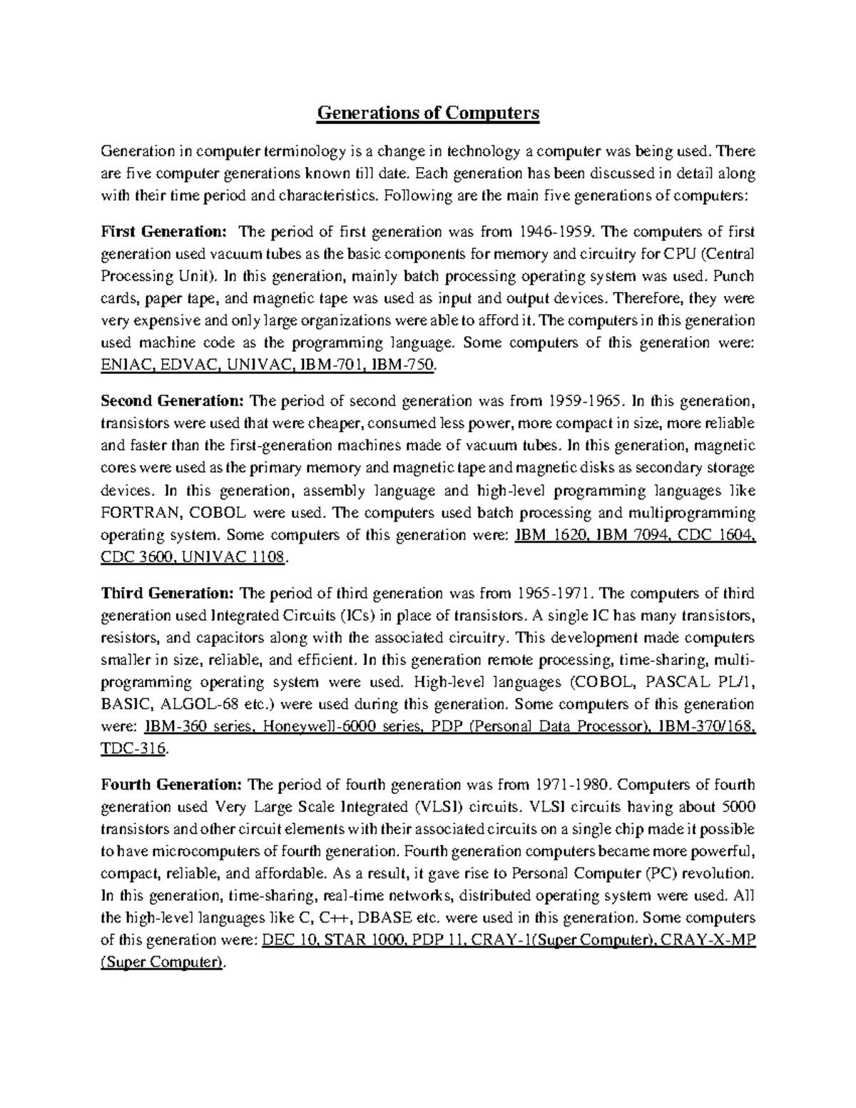 Generations of Computers - Generations of Computers Generation in ...