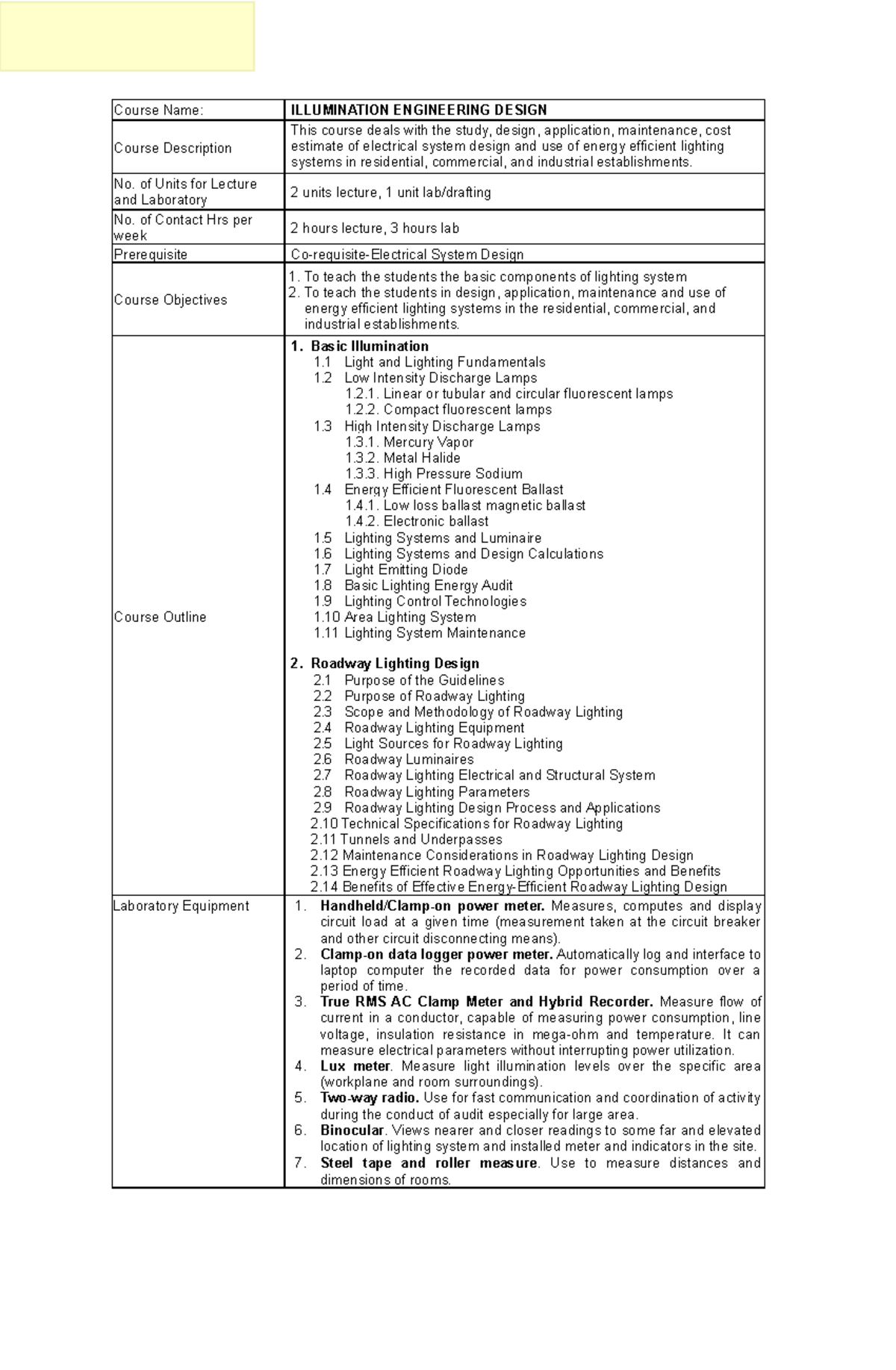 Illumination Engineering Design - Course Outline - Course Name ...