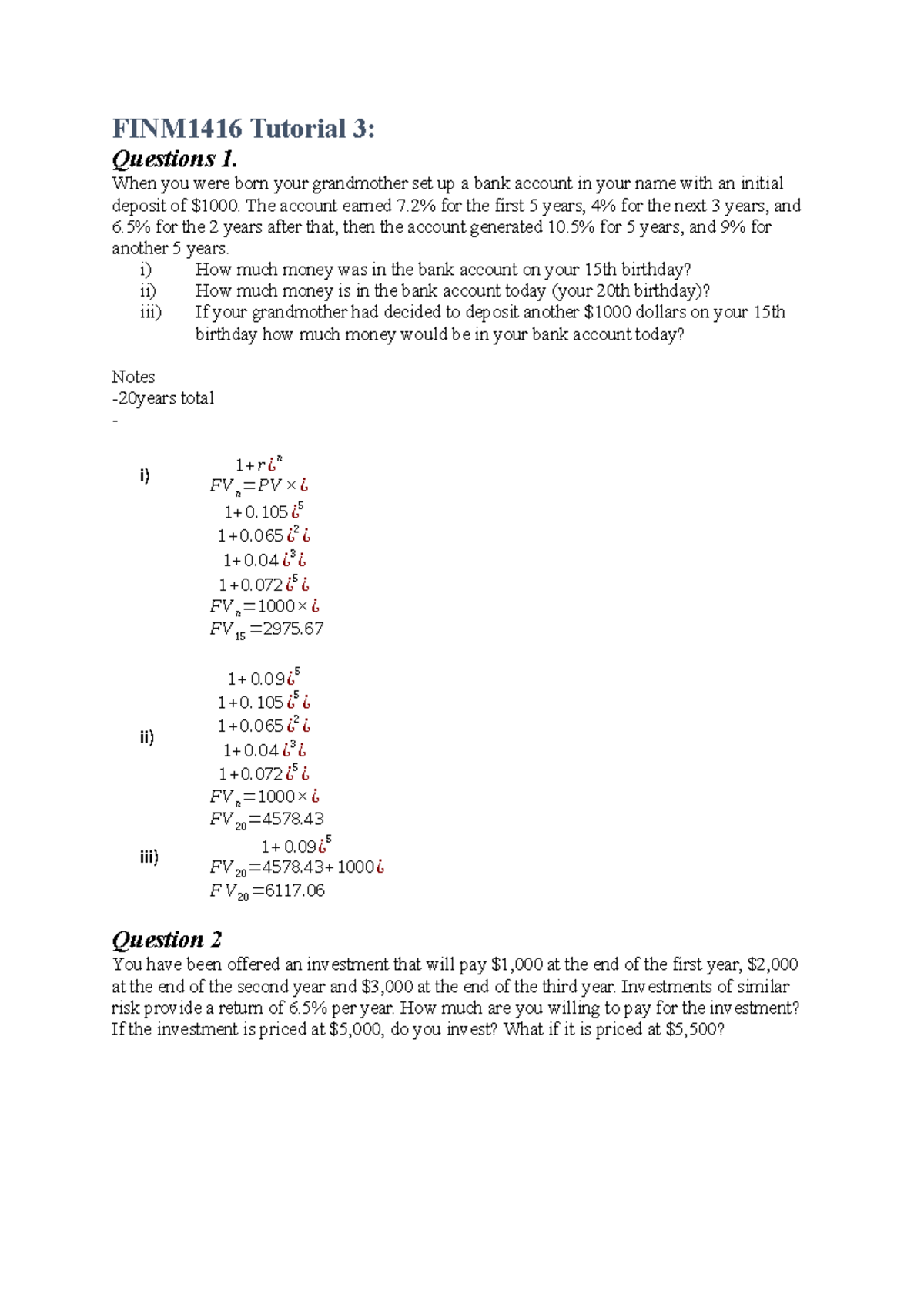 FINM1416 Tutorial 3 - Lecture notes 1 - FINM1416 Tutorial 3: Questions ...