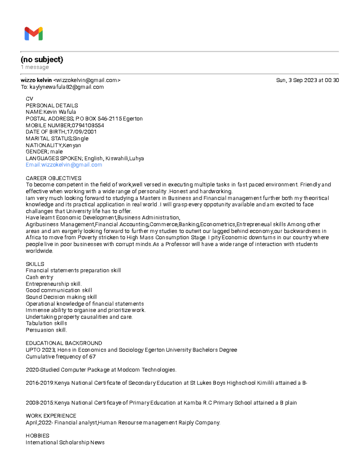 Gmail Cv Fine Dicument No Subject 1 Message Wizzo Kelvin Sun 3