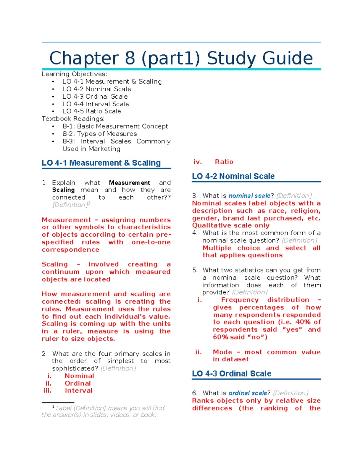 M4 Study Guide - Chapter 8 (part1) Study Guide Learning Objectives: - LO 4-1 Measurement & - Studocu