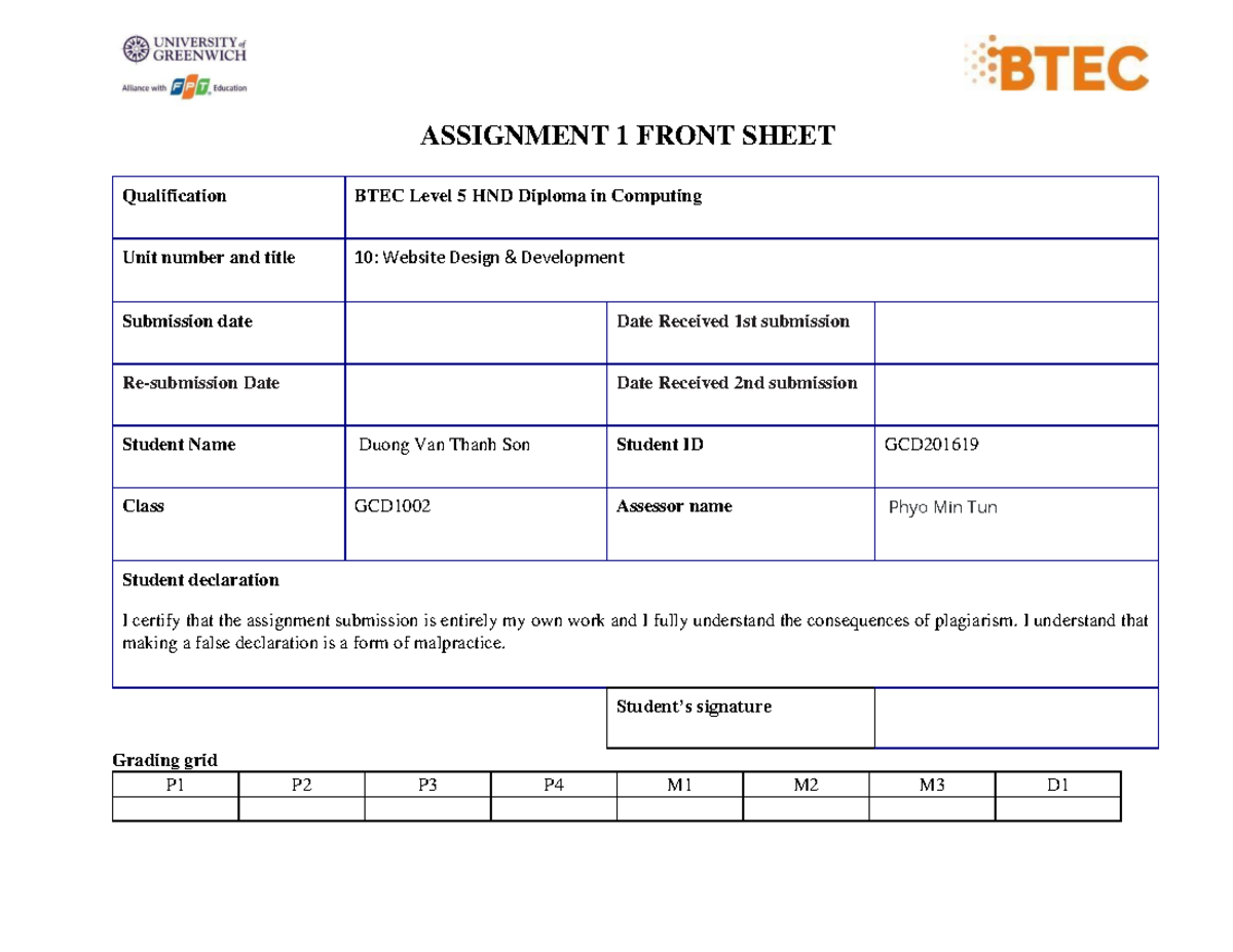ASM - 1234sadfsa d - ASSIGNMENT 1 FRONT SHEET Qualification BTEC Level ...