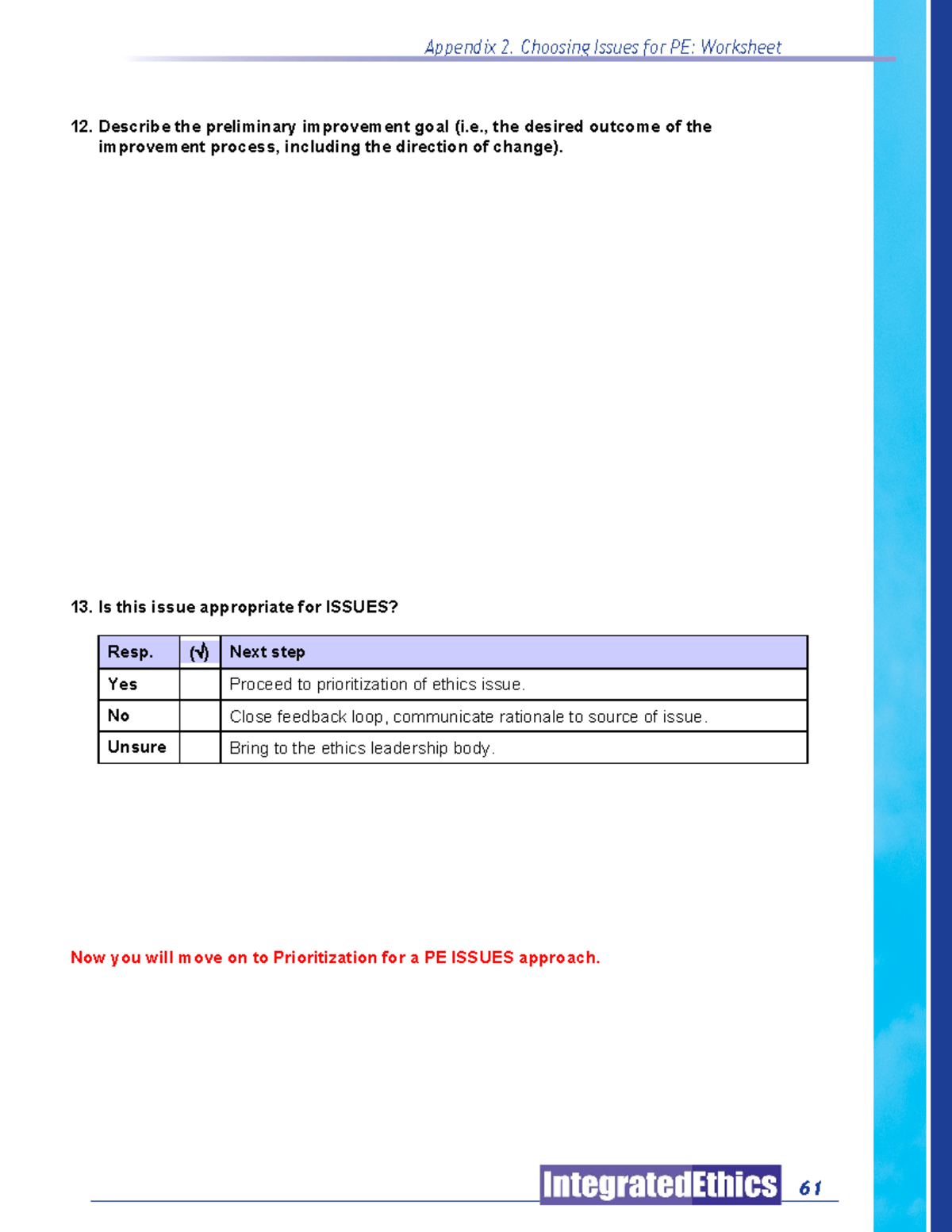Choosing Issues for PE Tracking Tool - Appendix 2. Choosing Issues for ...