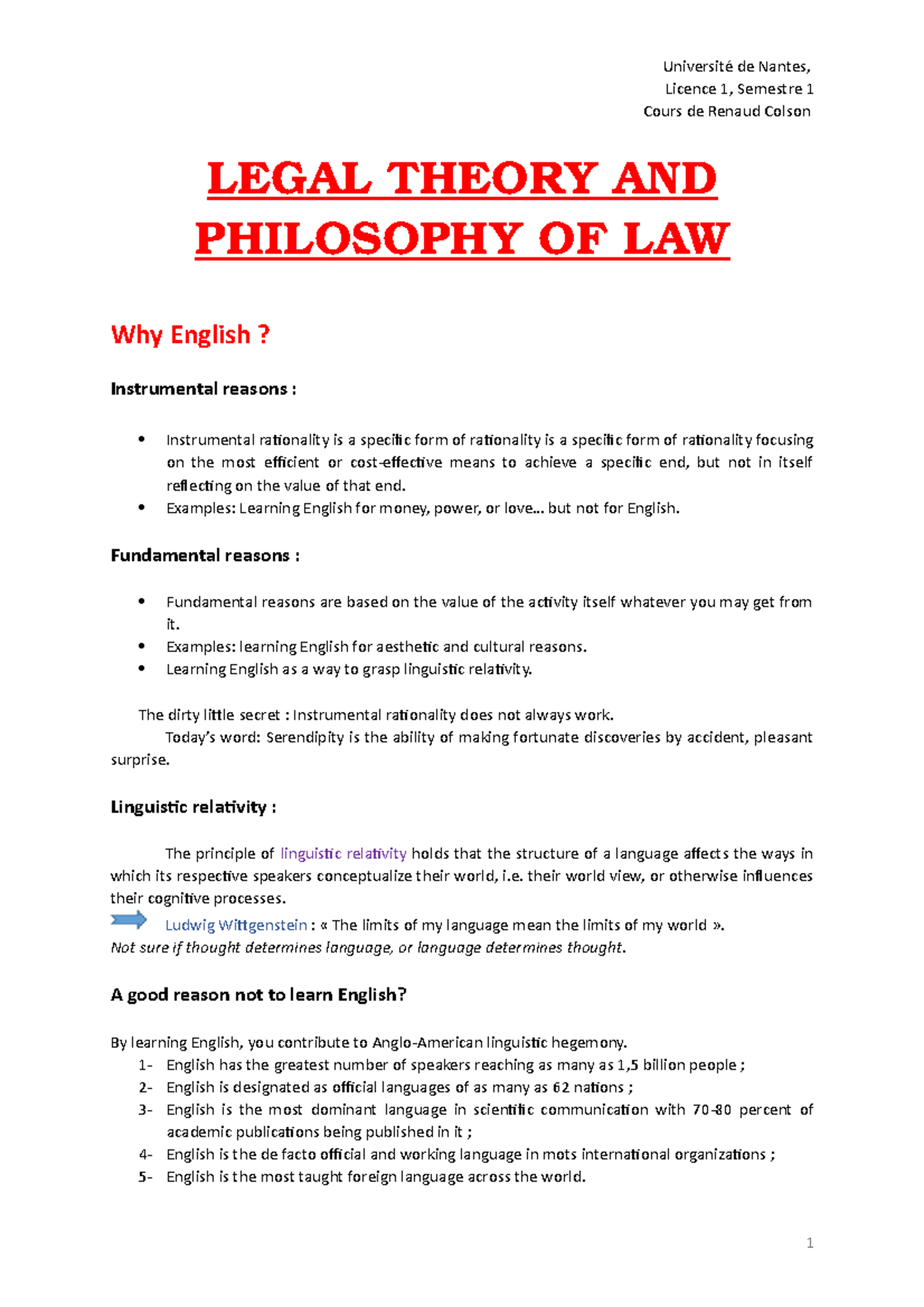 Legal theory and philosophy of law - Université de Nantes, Licence 1 ...