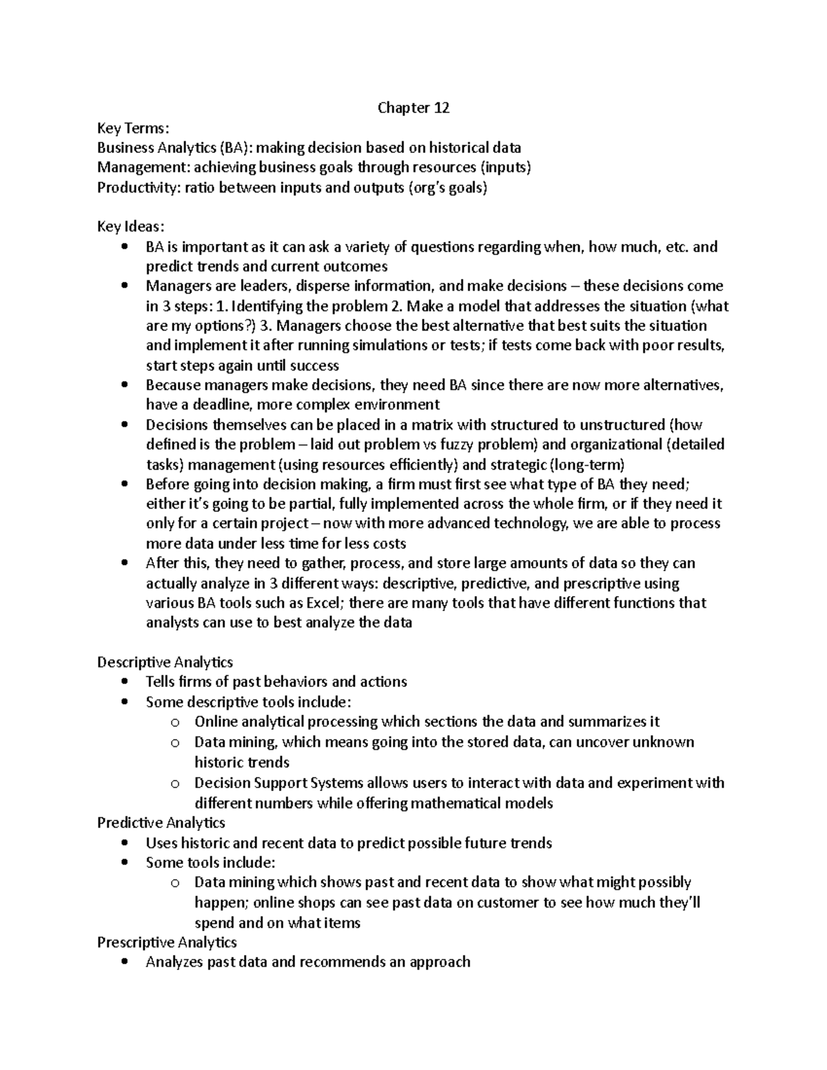 Chapter 12 - Chapter 12 Key Terms: Business Analytics (BA): making ...