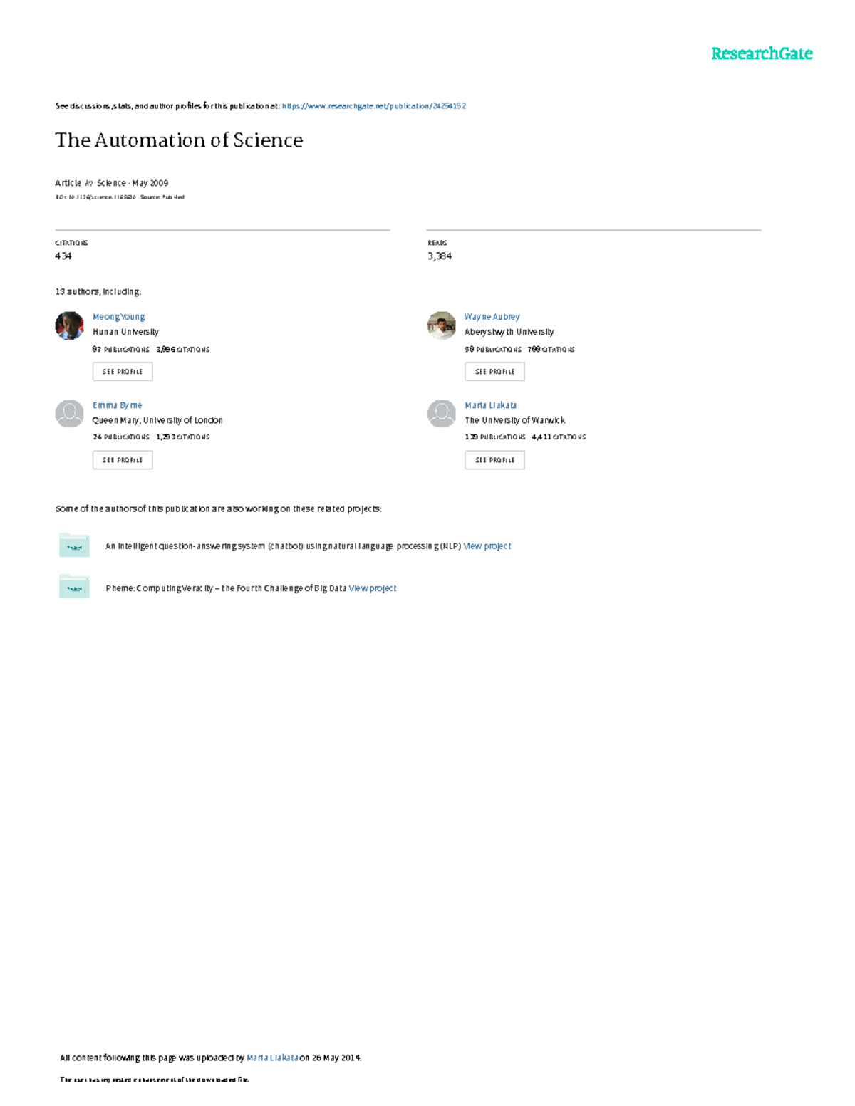 13. The Automation of Science (2009 , King, R.D, Rowland) - See ...