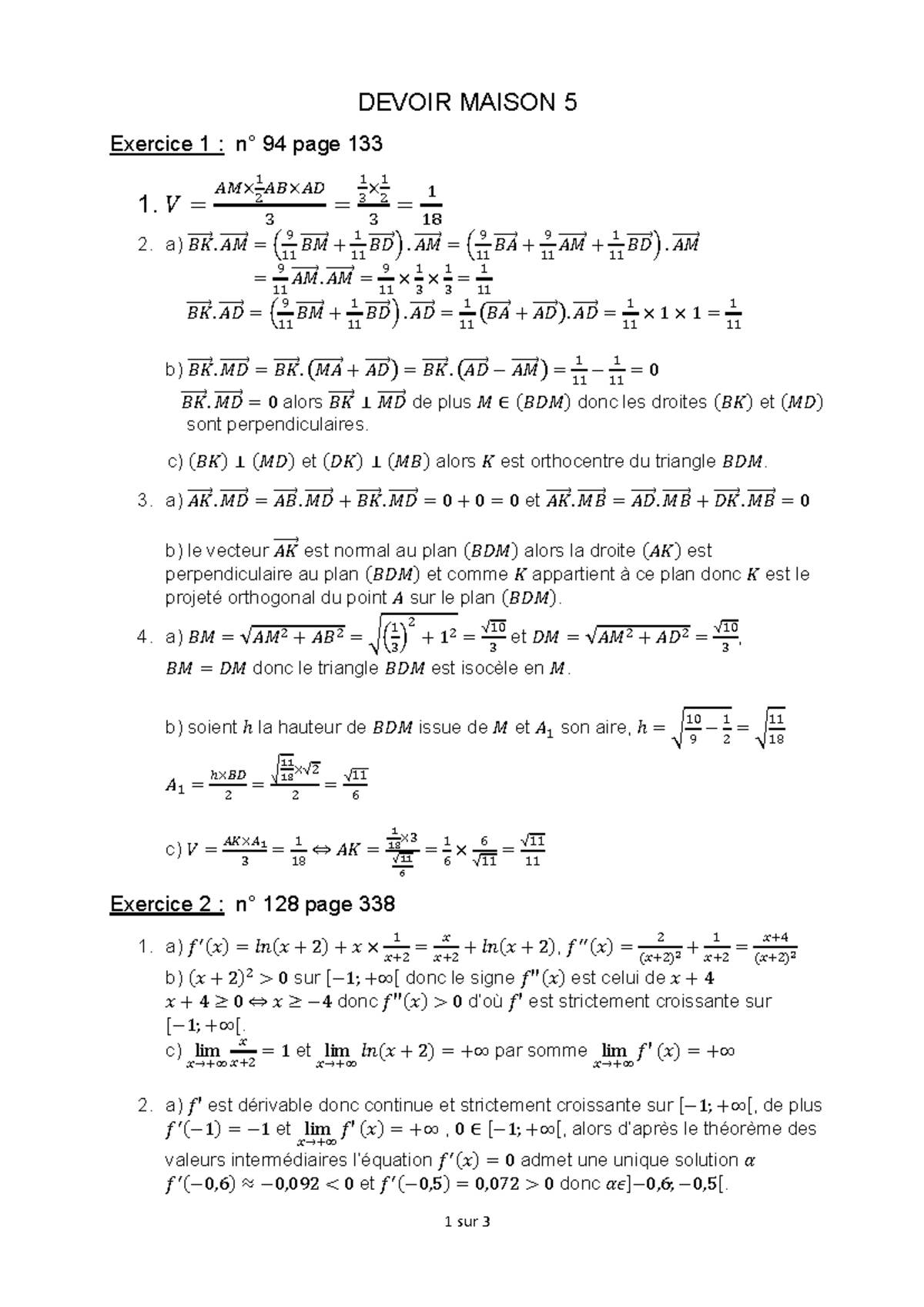 Devoir Maison 5 Correction - 1 sur 3 DEVOIR MAISON 5 Exercice 1 : n° 94 page 133 1. 𝑉 = 𝐴𝑀× 1 2 ...