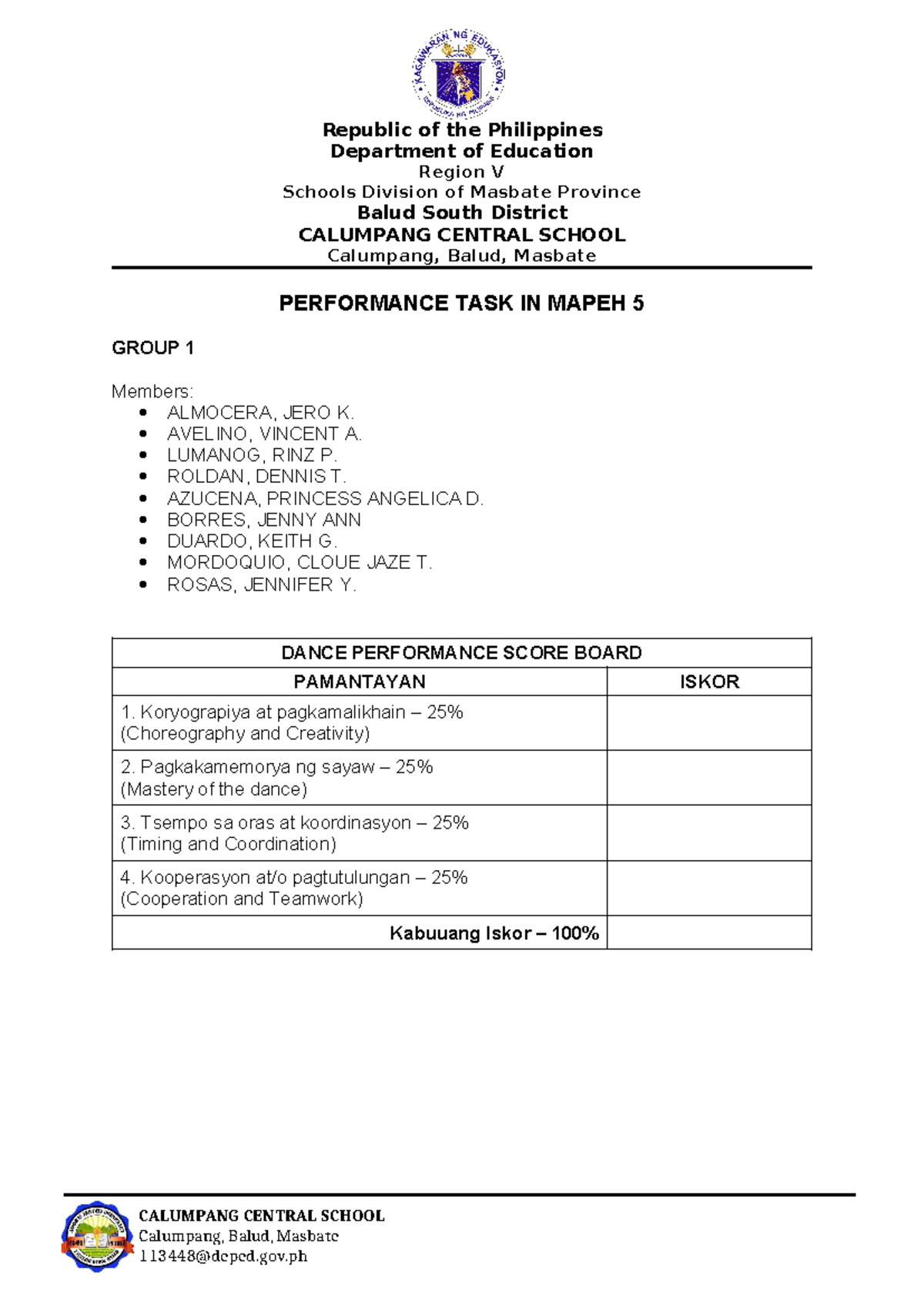 Dance Score Board- Performance TASK - CALUMPANG CENTRAL SCHOOL ...