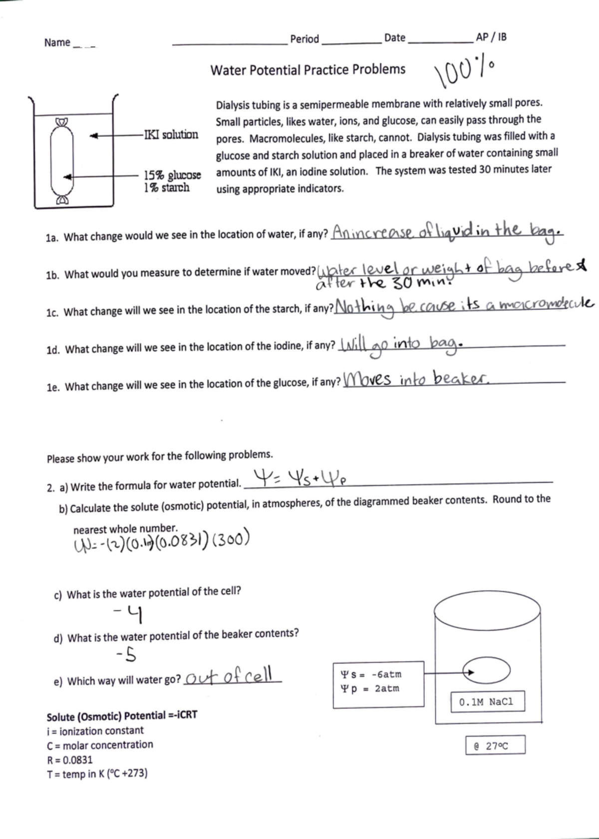 Water potential - Name e: ~ Dciv .....-1-IKI solution ~- 15% glucose 1 ...