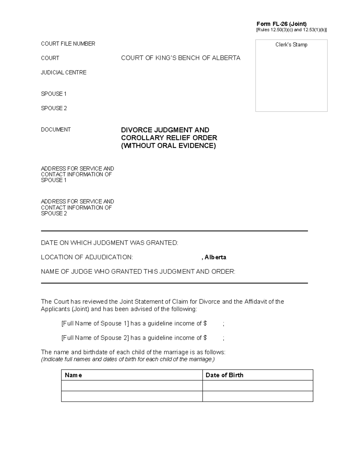 Joint divorce judgment and corollary relief order (without oral ...
